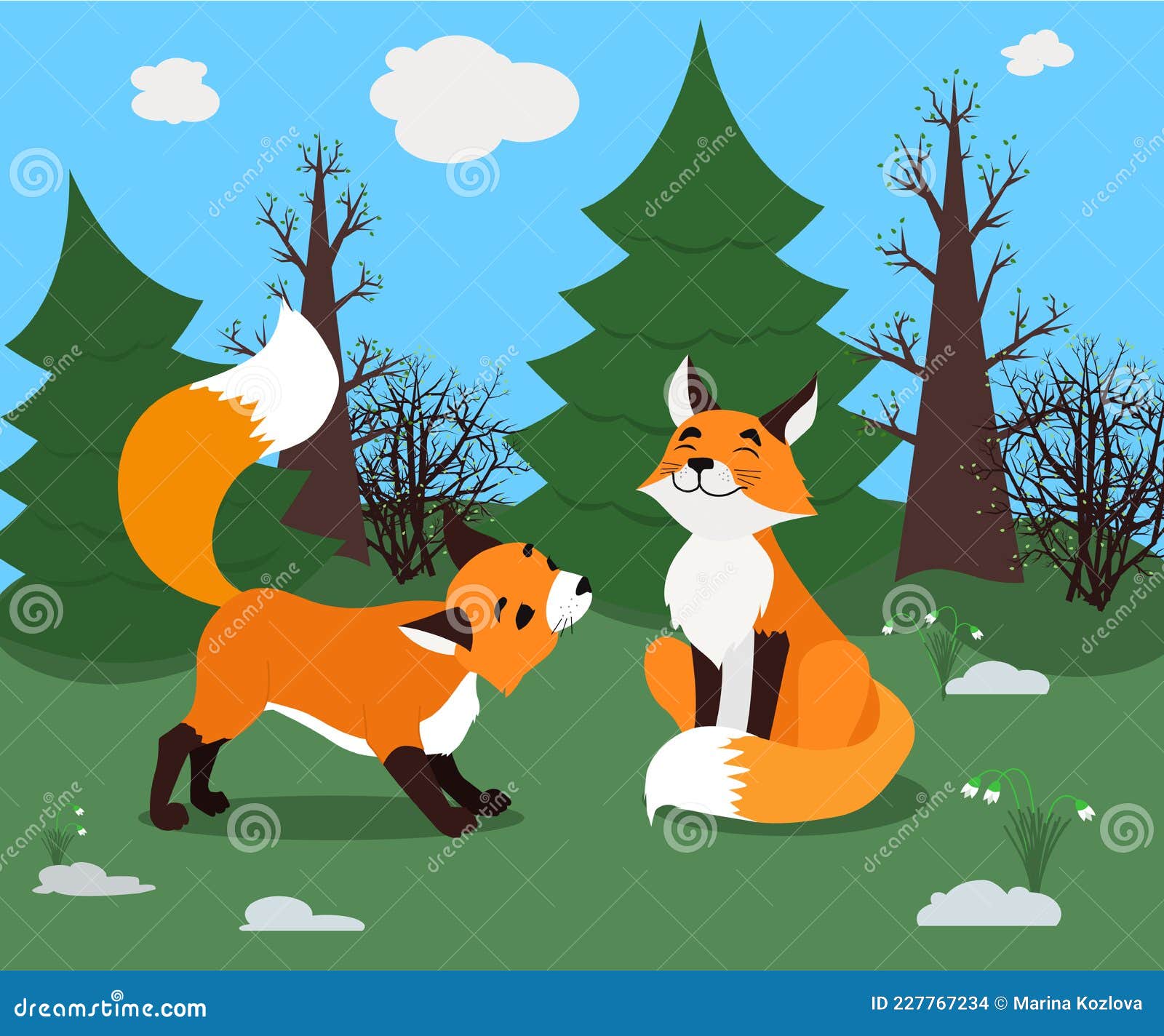 Two Adorable Playing Foxes in Cartoon Style in Spring Forest. Vector ...
