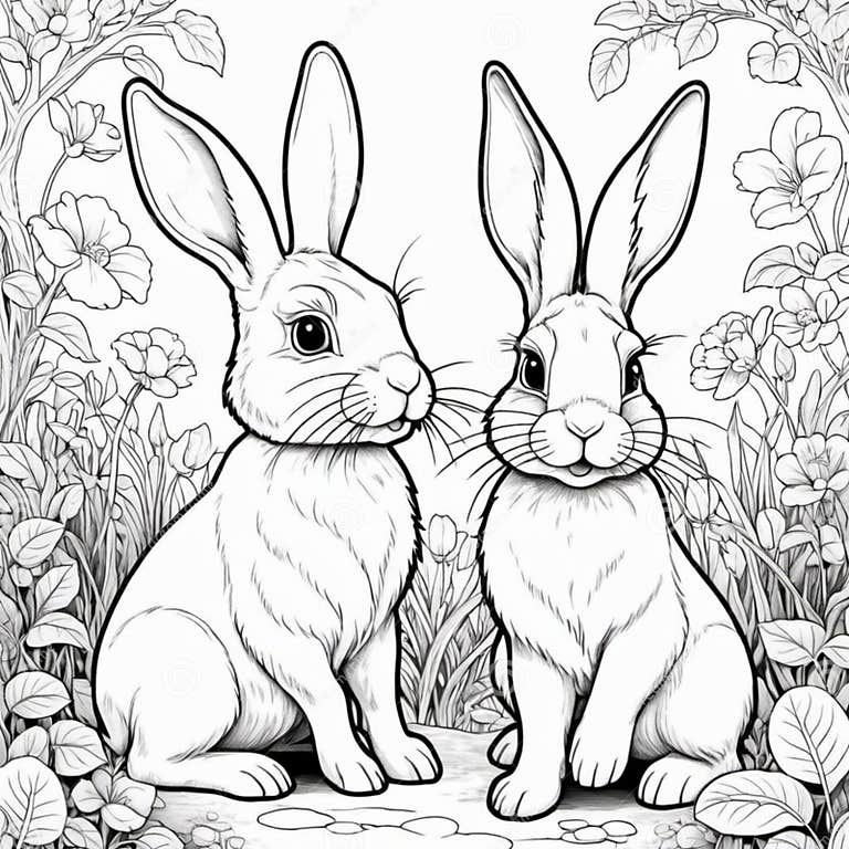 Two Rabbits Coloring Book Ai Generated Image Stock Illustration