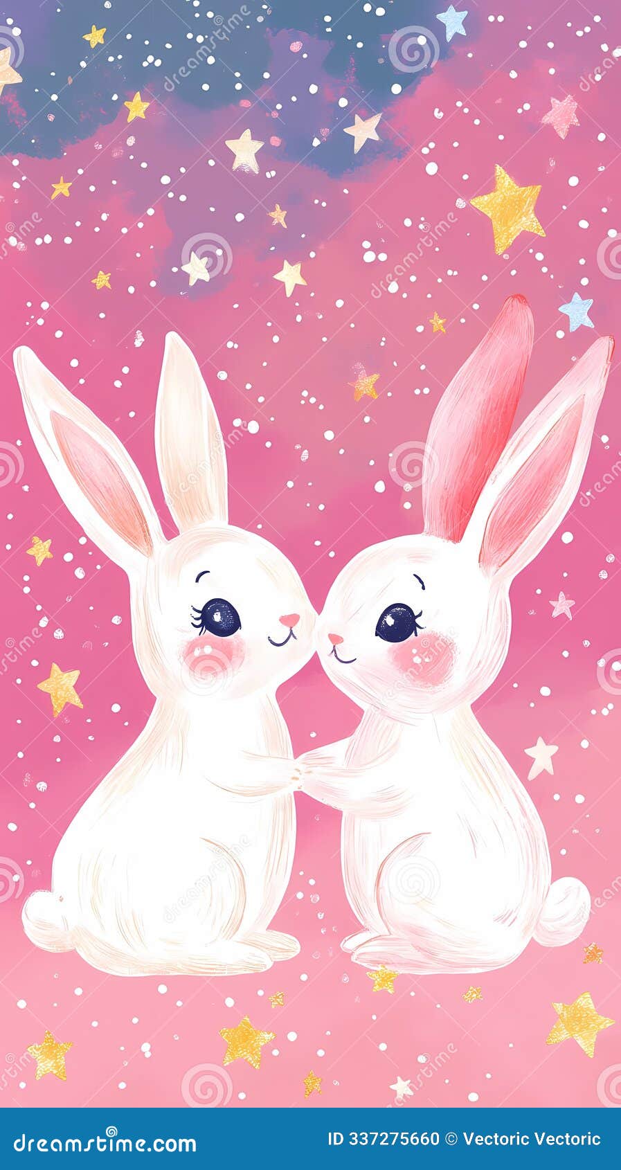 Two Cute Rabbits Holding Paws Against a Starry Pink Background Stock ...