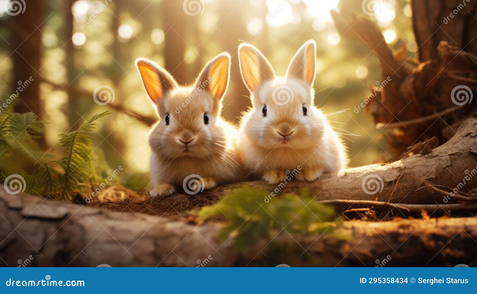 Two Cute Rabbits Sitting on a Log in the Woods, AI Stock Photo - Image ...