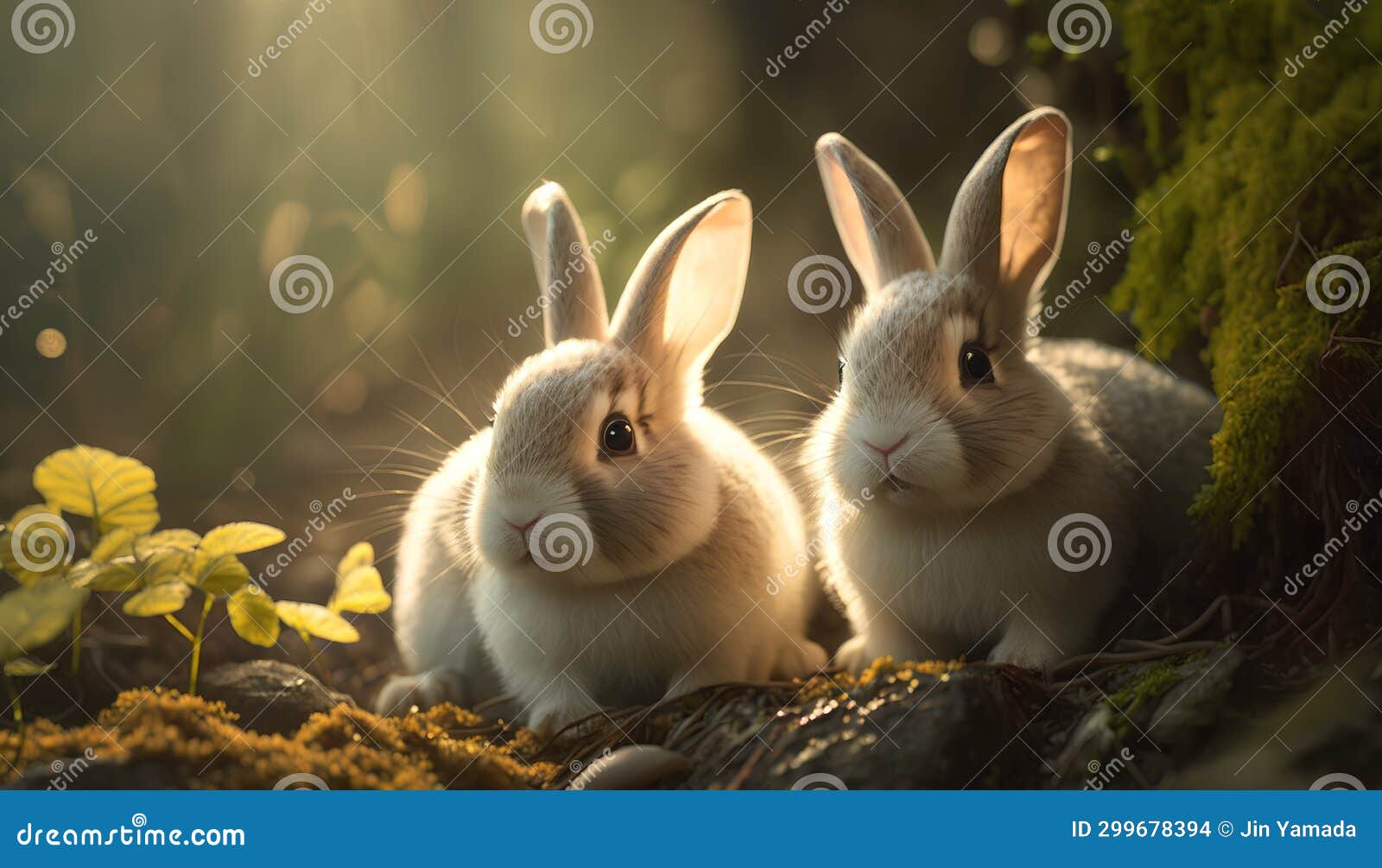 Two Cute Rabbits Sitting on the Moss in the Forest. Easter Stock ...