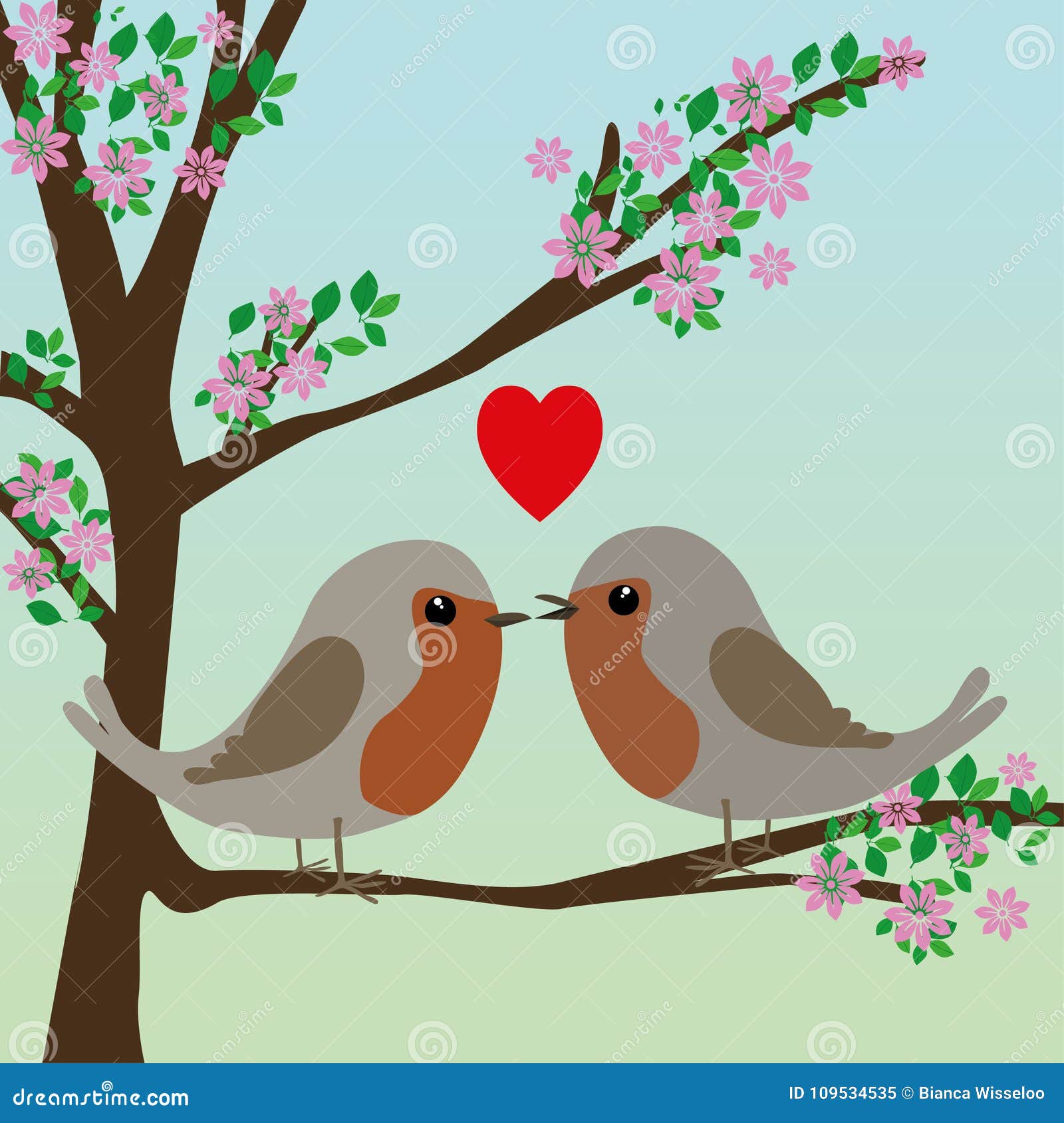 Two cute robins in love stock vector. Illustration of valentine - 109534535