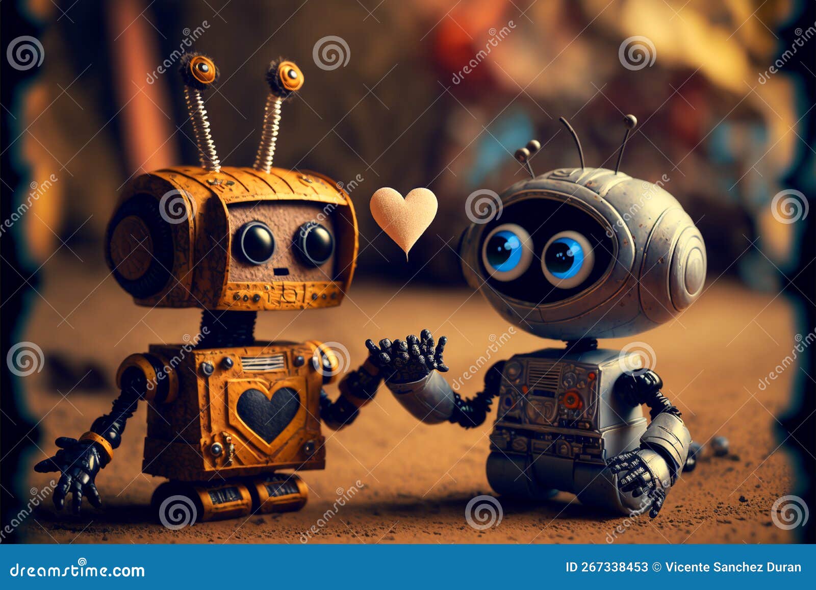 A Two Cute Robots Sharing a Heart. GENERATIVE AI Stock Illustration ...