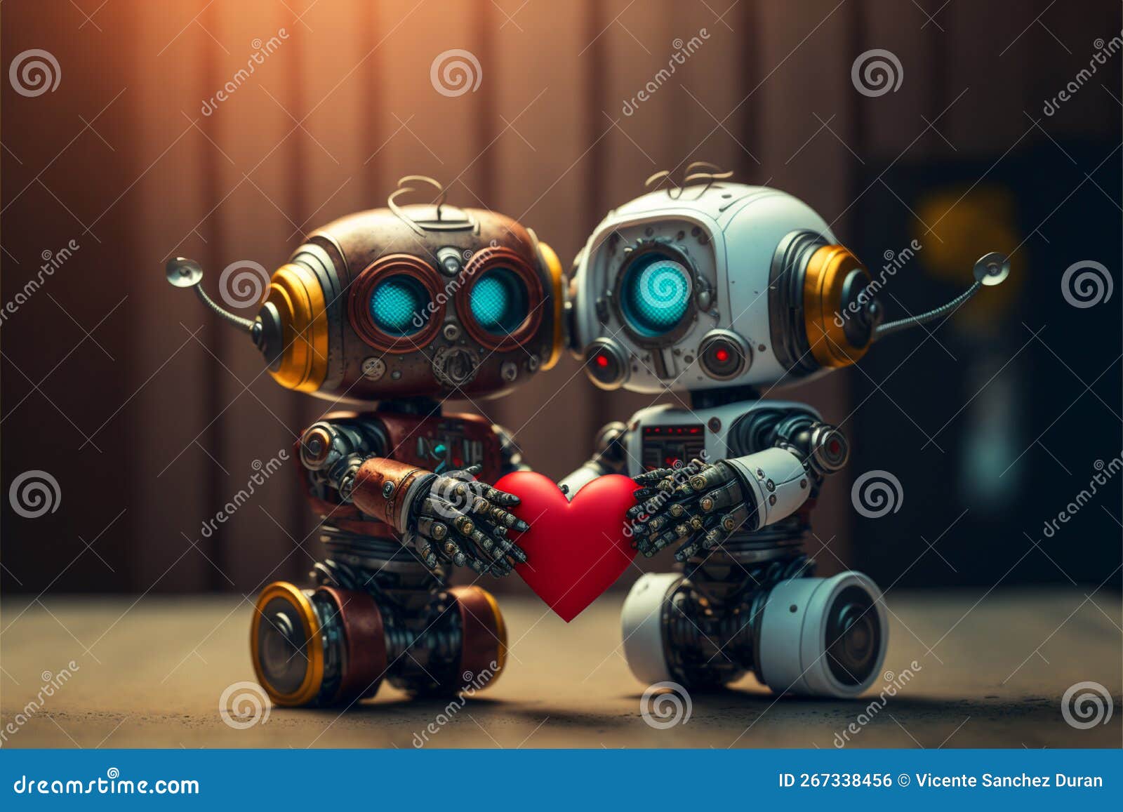 Two Cute Robots Sharing a Heart. GENERATIVE AI Stock Illustration ...