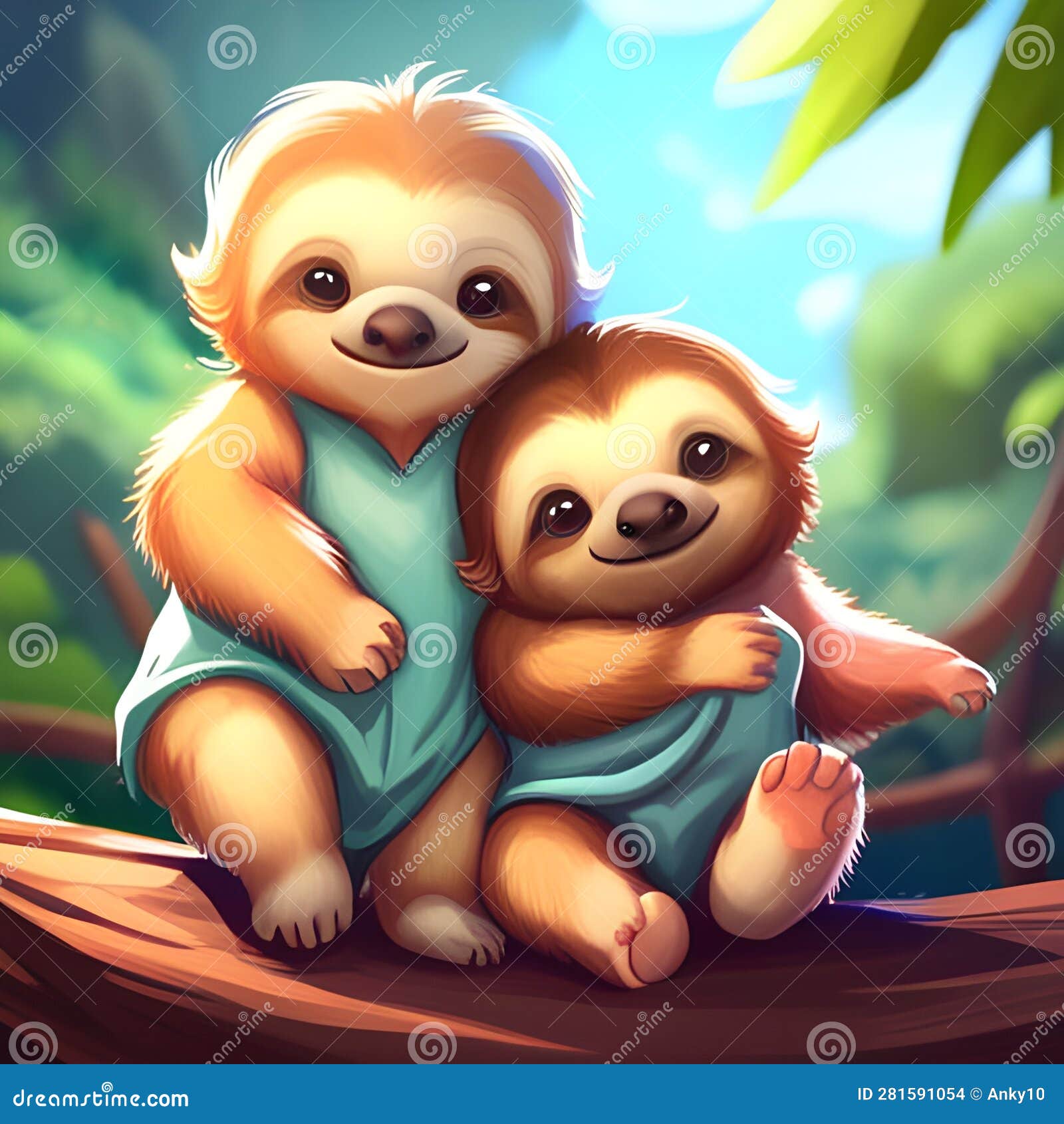 Two Cute Sloths Sit on a Log in the Jungle, Cartoon Characters Stock ...