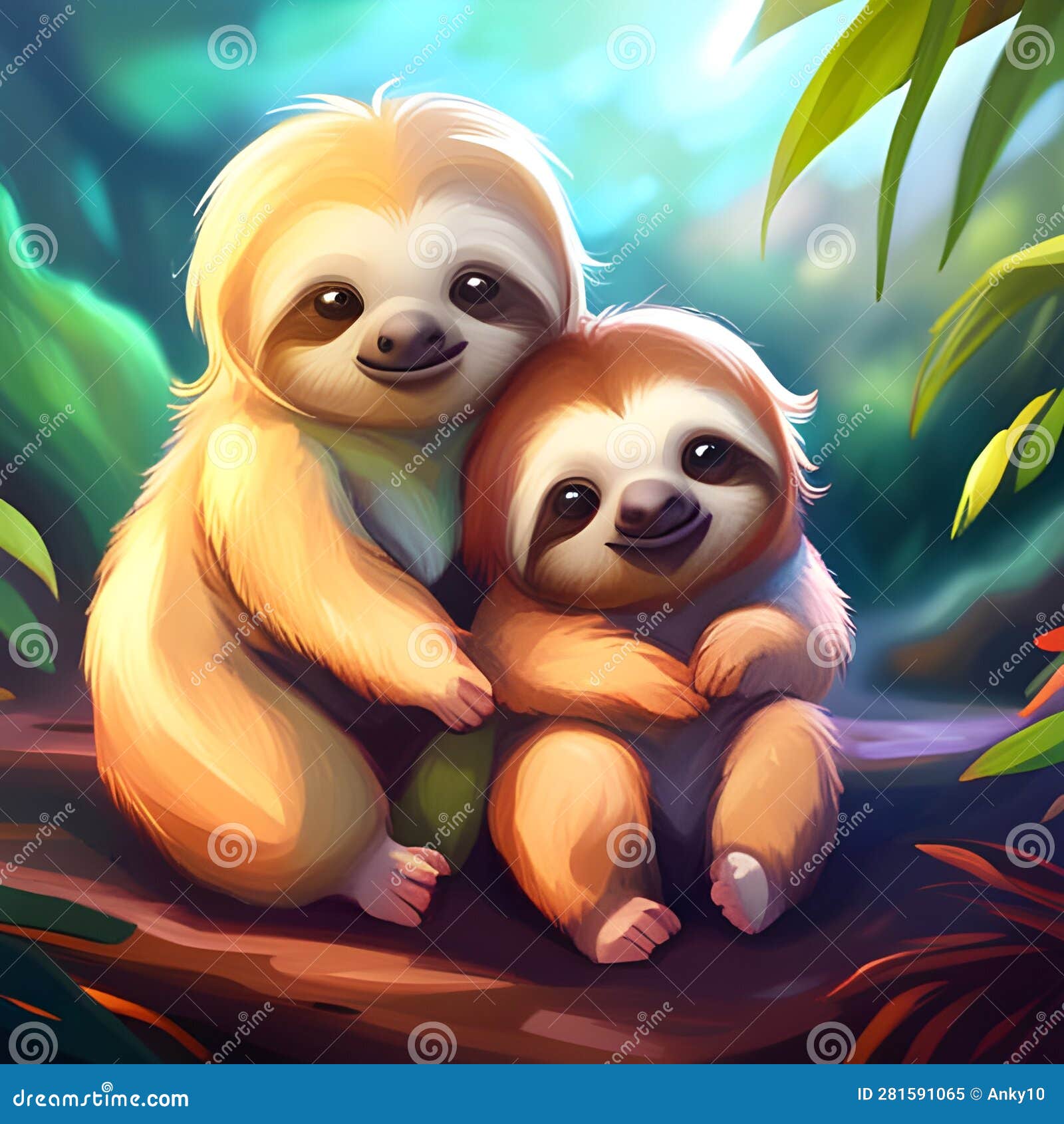 Two Cute Sloths Sit on a Log in the Jungle, Cartoon Characters Stock ...