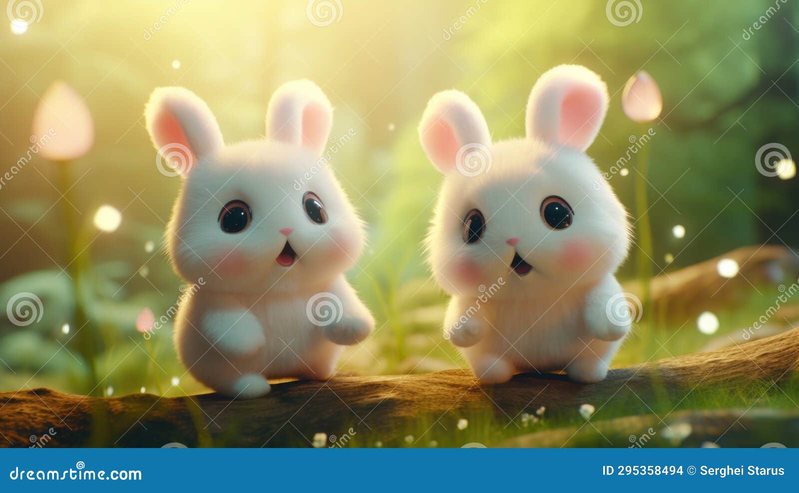 Two Cute White Rabbits Sitting on a Log in the Woods, AI Stock ...