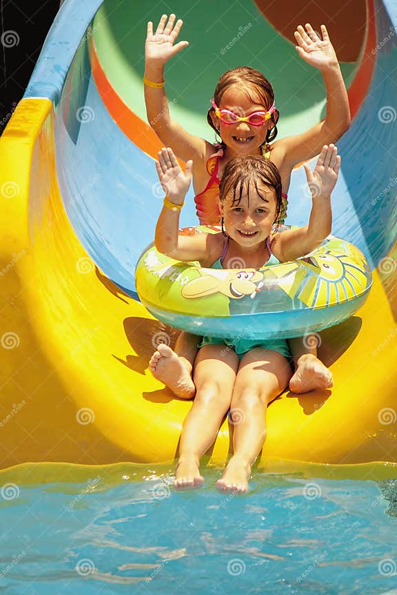 Two Cute Young Girls Into Pool After Going Down Water Slide During