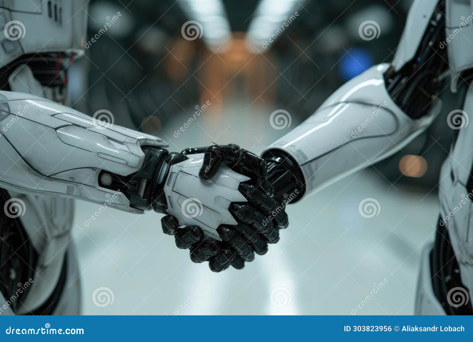 Two Cyborgs Shake Hands, Human Interaction with AI Stock Illustration ...