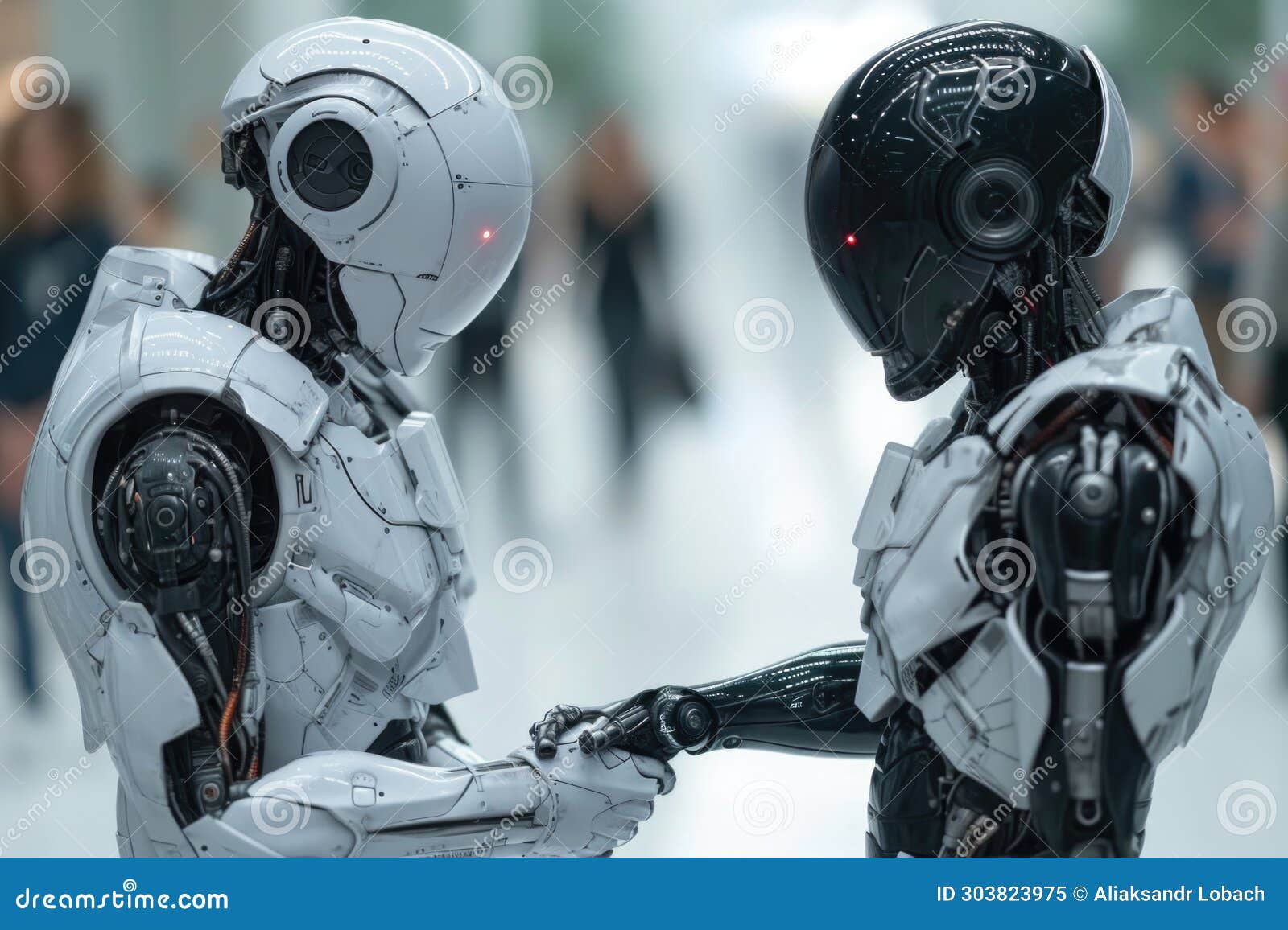 Two Cyborgs Shake Hands, Human Interaction with AI Stock Illustration ...