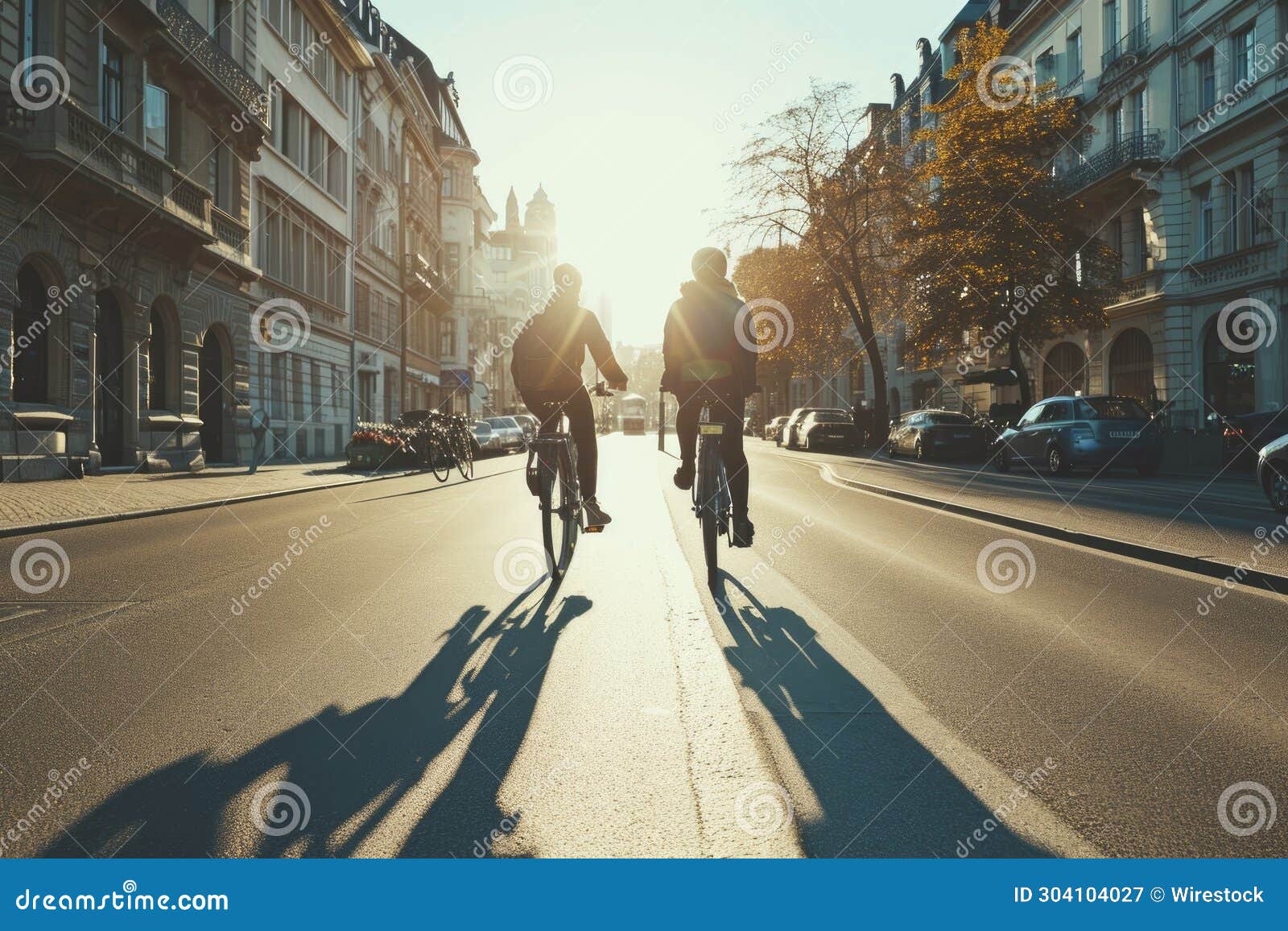 Two Cyclists Riding Bikes at Sunset in an Urban Setting, AI-generated ...