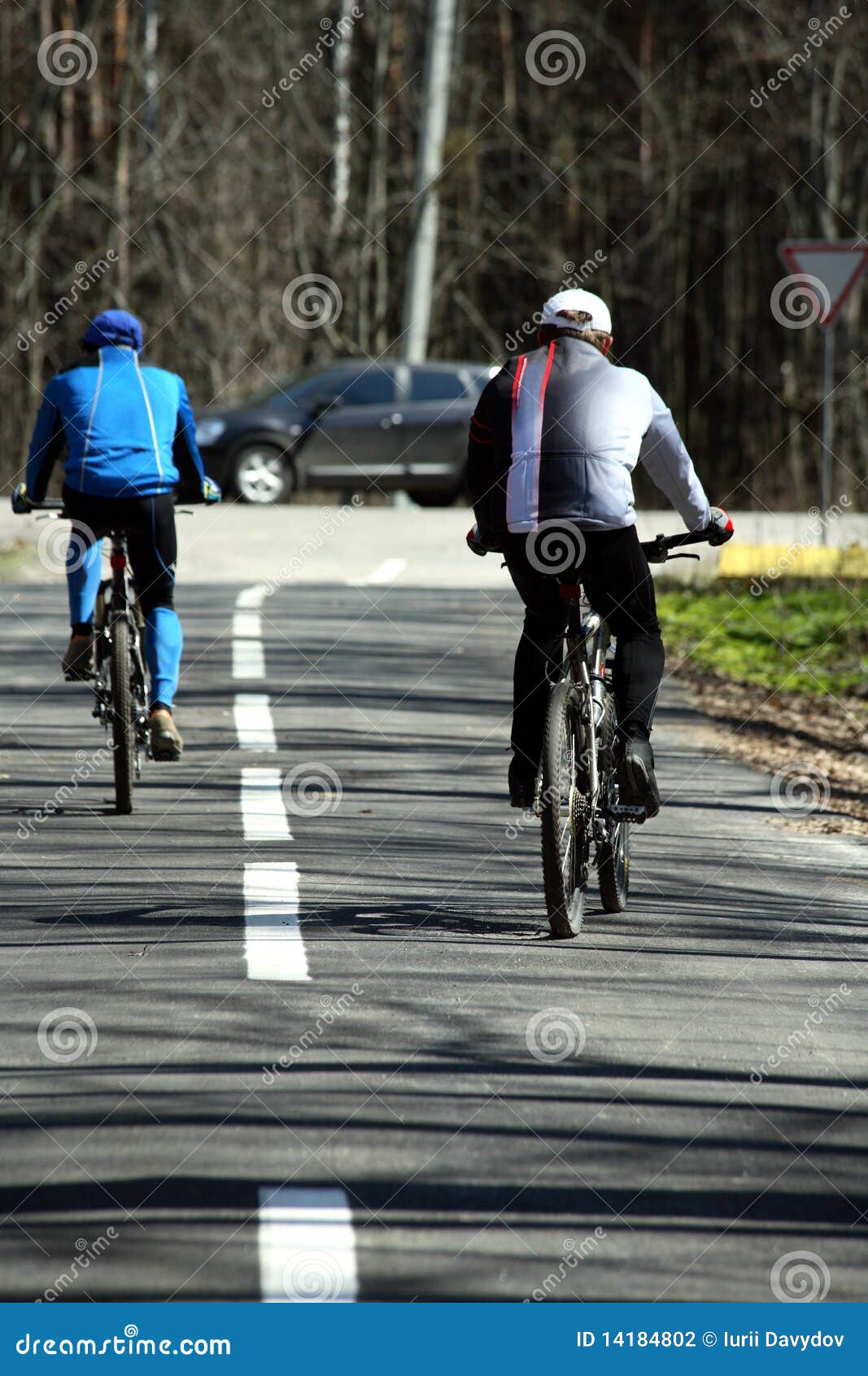 Two Cyclists Walk on Wood Road Stock Photo - Image of grass, activity ...