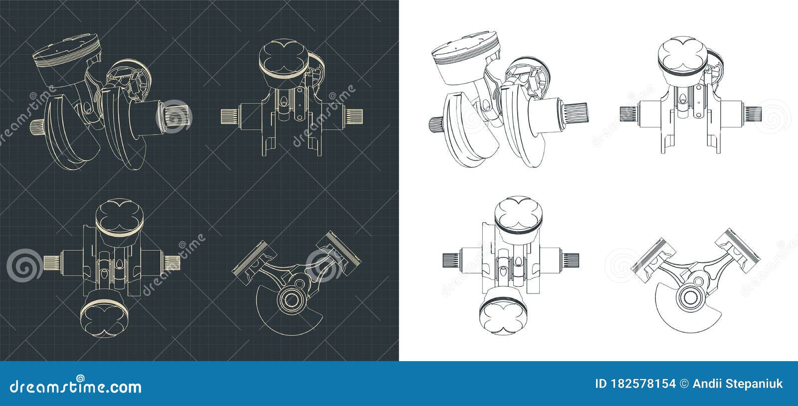 Two-cylinder Engine Piston Block Drawings Stock Vector - Illustration ...