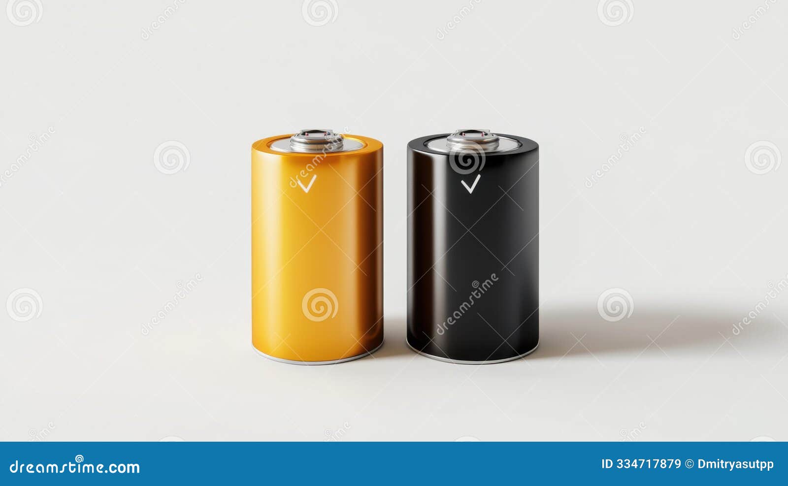 Two Cylindrical Batteries in Black and Yellow Standing on White ...