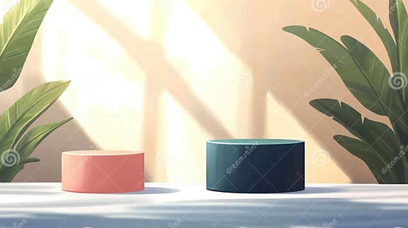 Two Cylindrical Objects on a Table with Soft Lighting and Plant Shadows ...