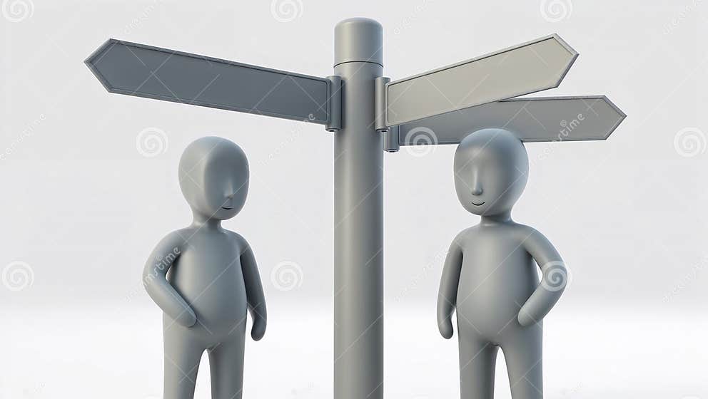 Two 3d Characters Looking at a Multi Directional Signpost with Blank ...