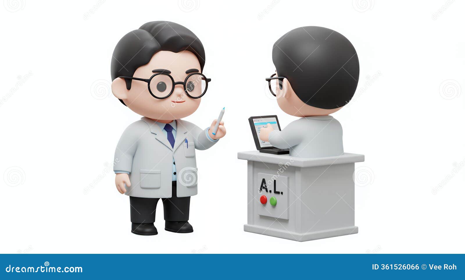 Two 3D Chibi Male Radiologic Technologists with Stylus and Computer ...