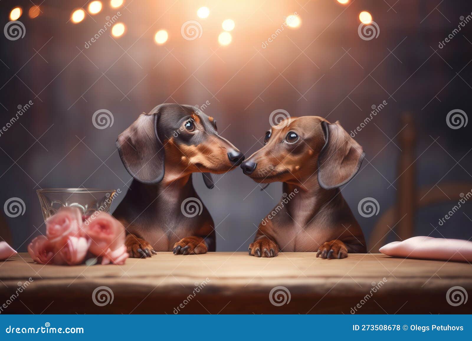 Two Dachshunds Sitting at a Table with a Glass of Wine Stock ...
