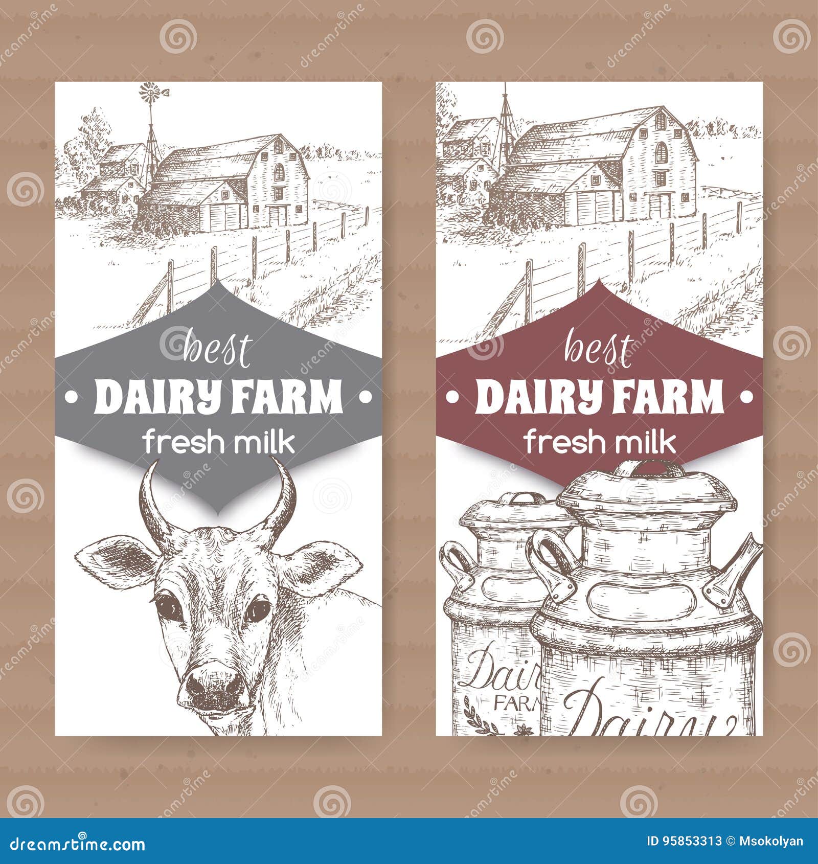 Two Dairy Labels with Farmhouse, Cow, Milk Cans. Stock Vector ...
