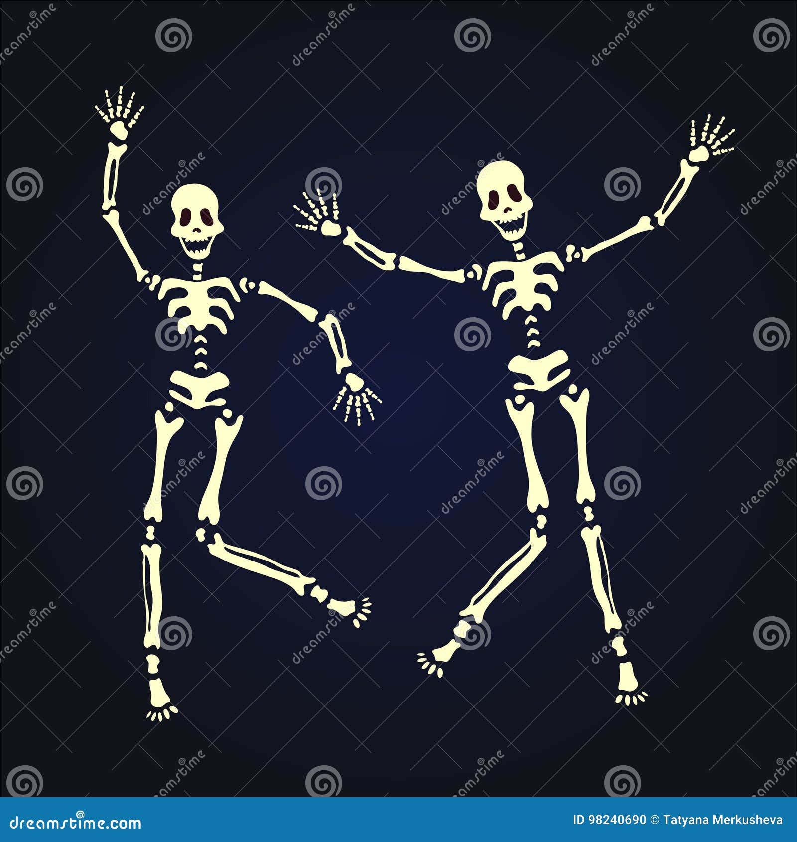 Two Dancing Skeleton. Vector Illustration, Isolated on Black. Stock ...