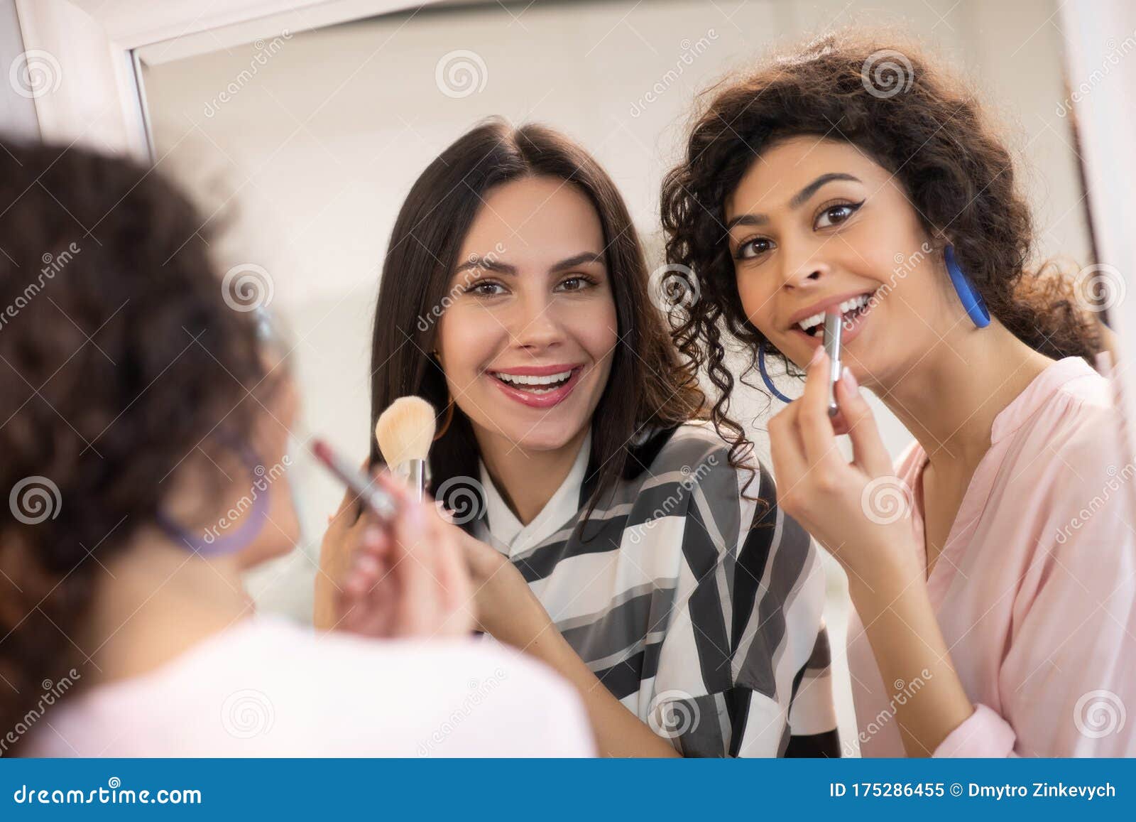 Two Dark-haired Women Doing Make Up and Feeling Amazing Stock Image ...