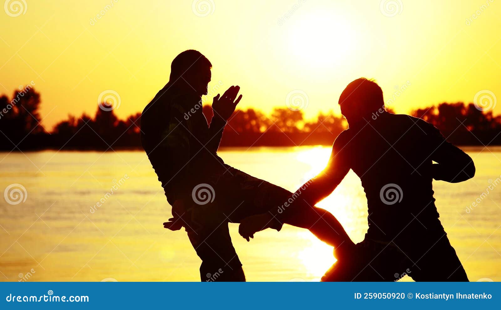 Two Dark Male Figures, at Sunrise, Against the Light, Boxing, Fighting ...