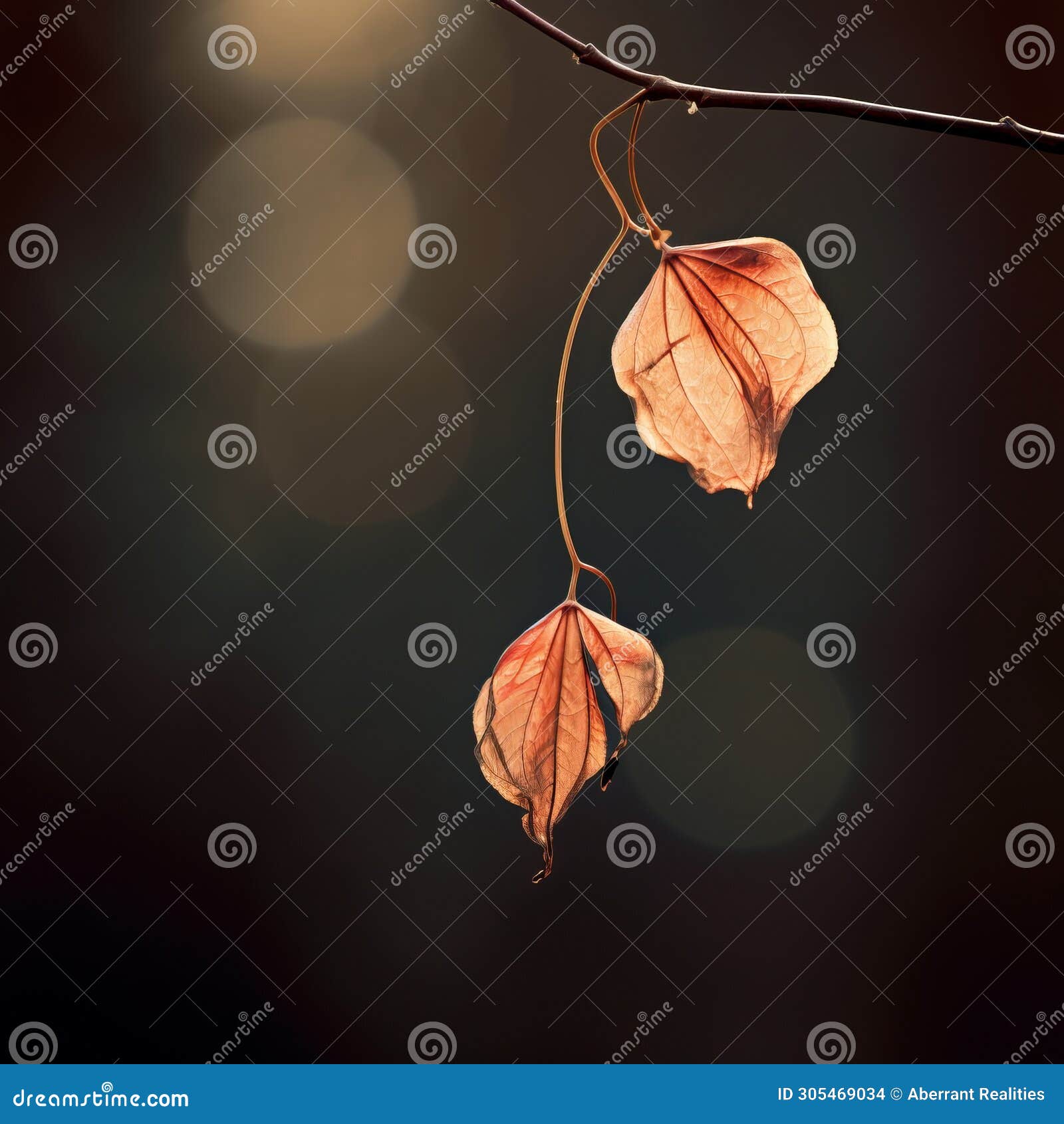 Two Dead Leaves Hanging from a Branch on a Dark Background Stock ...