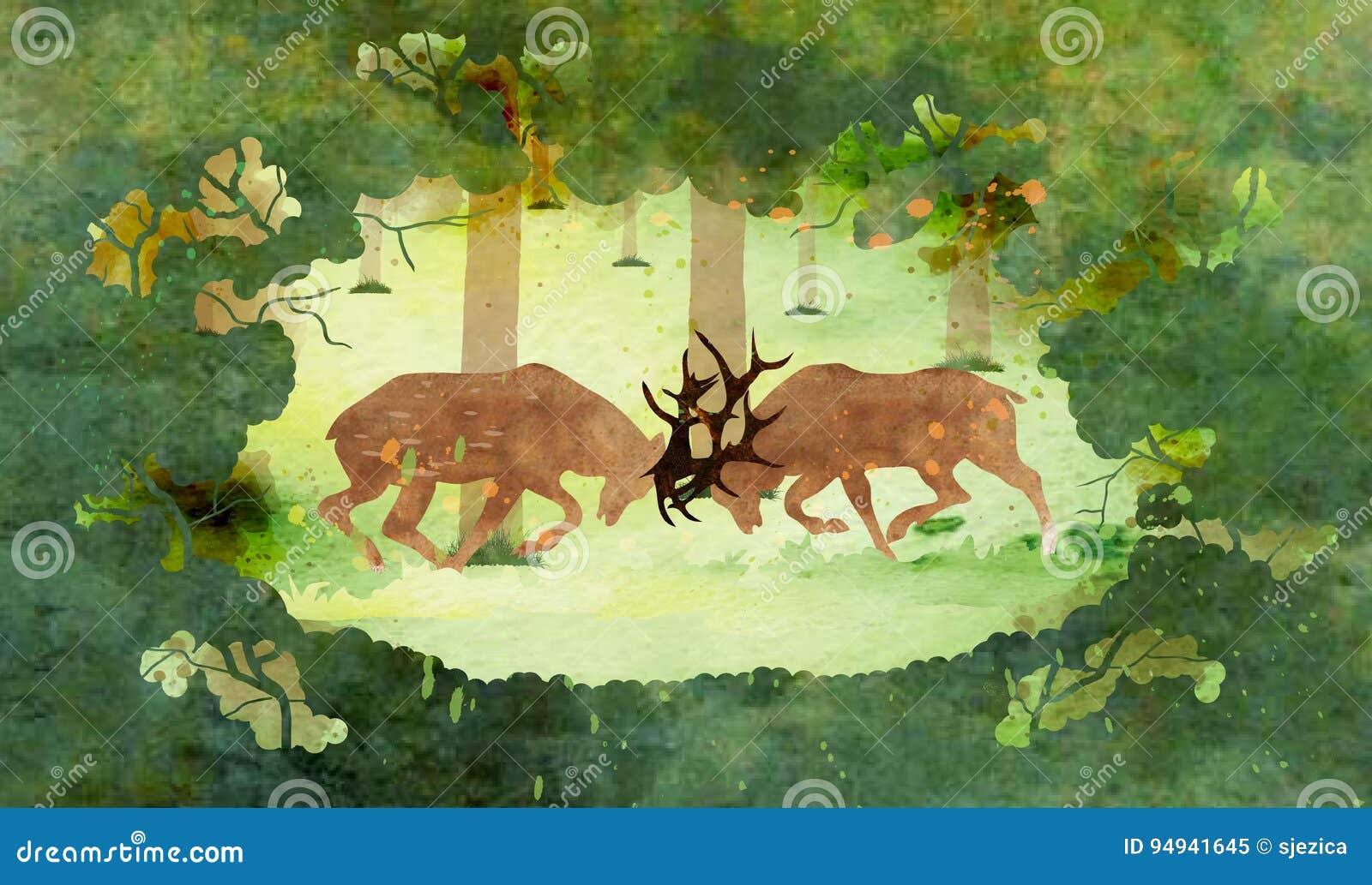 Two Deer Bucks Fighting in Forest Stock Illustration - Illustration of ...
