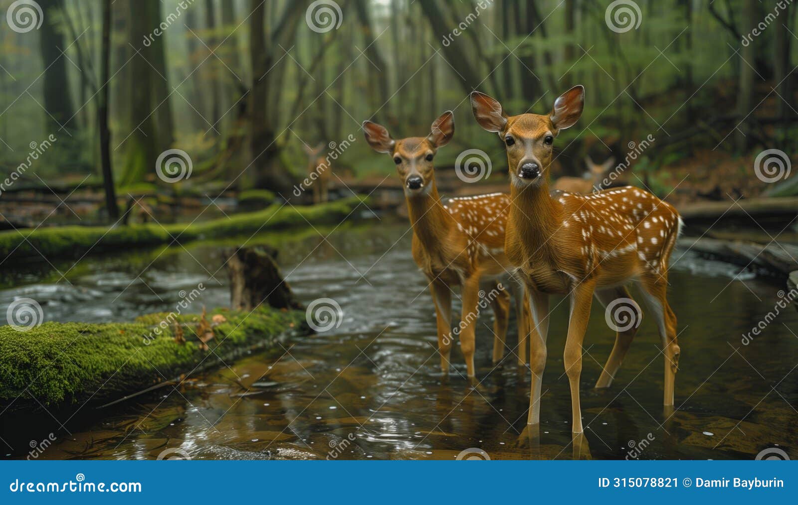 Two Deer in a Forest Stream Water, Grass, Plants Surround Them Stock ...