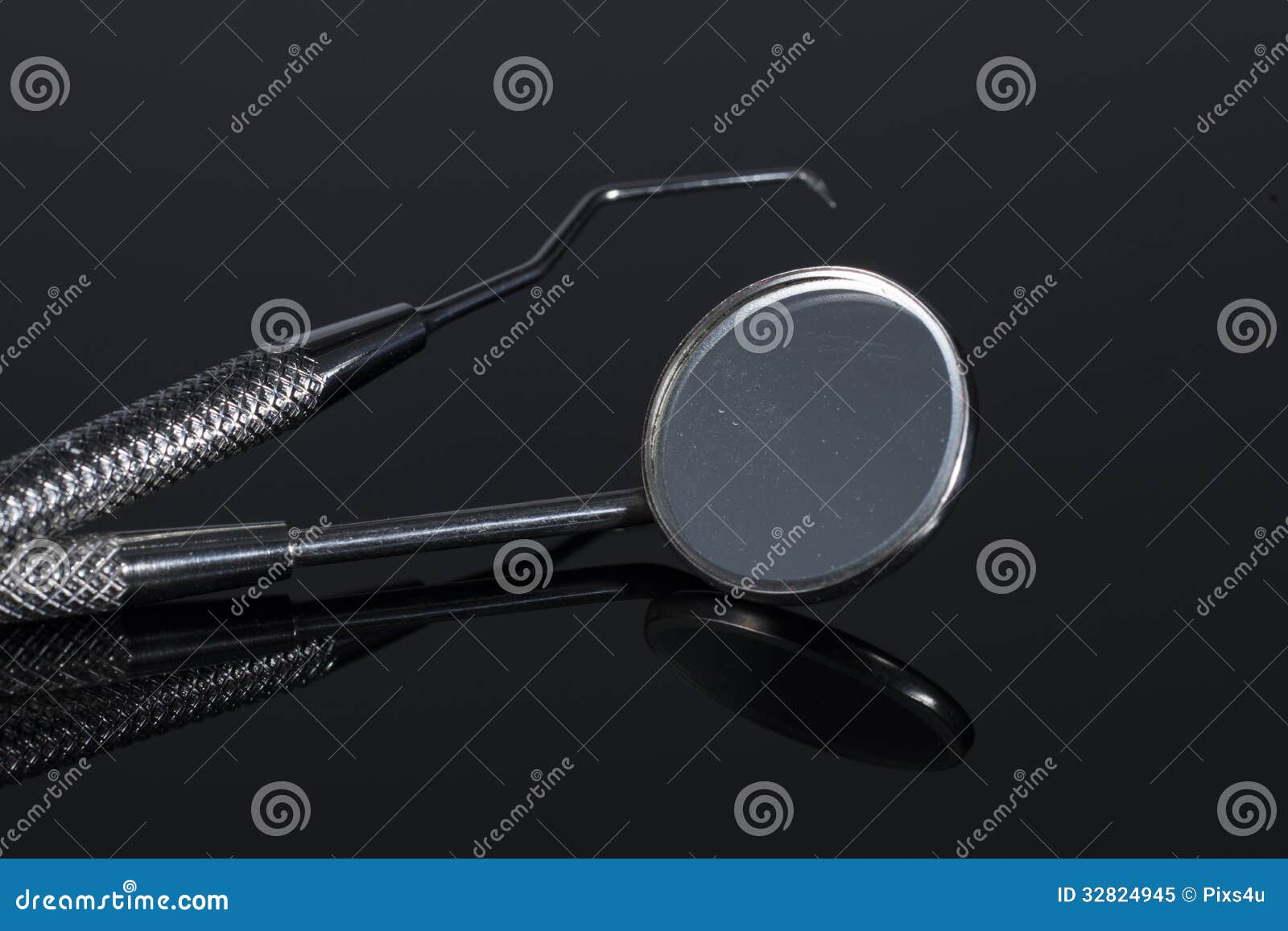 Two Dental Tools , Dental Mirror and Probe on Black Background Stock ...