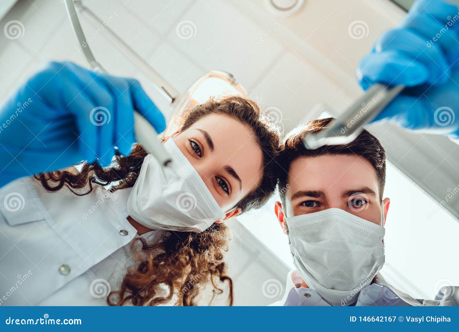 Two Dentists Examining Teeth, Patients Perspective. Close Up View Stock ...