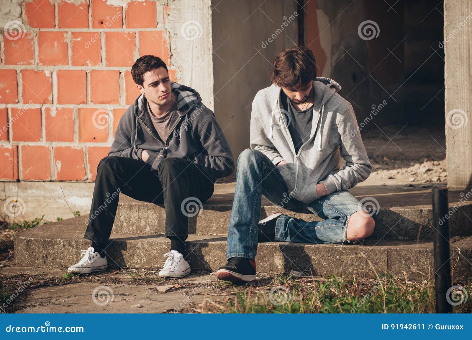 Two Depressed and Sad Young Buddies Friends Thinking about Problems ...