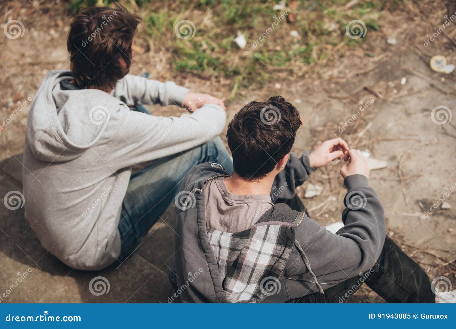 Two Depressed and Sad Young Buddies Friends Thinking about Problems ...