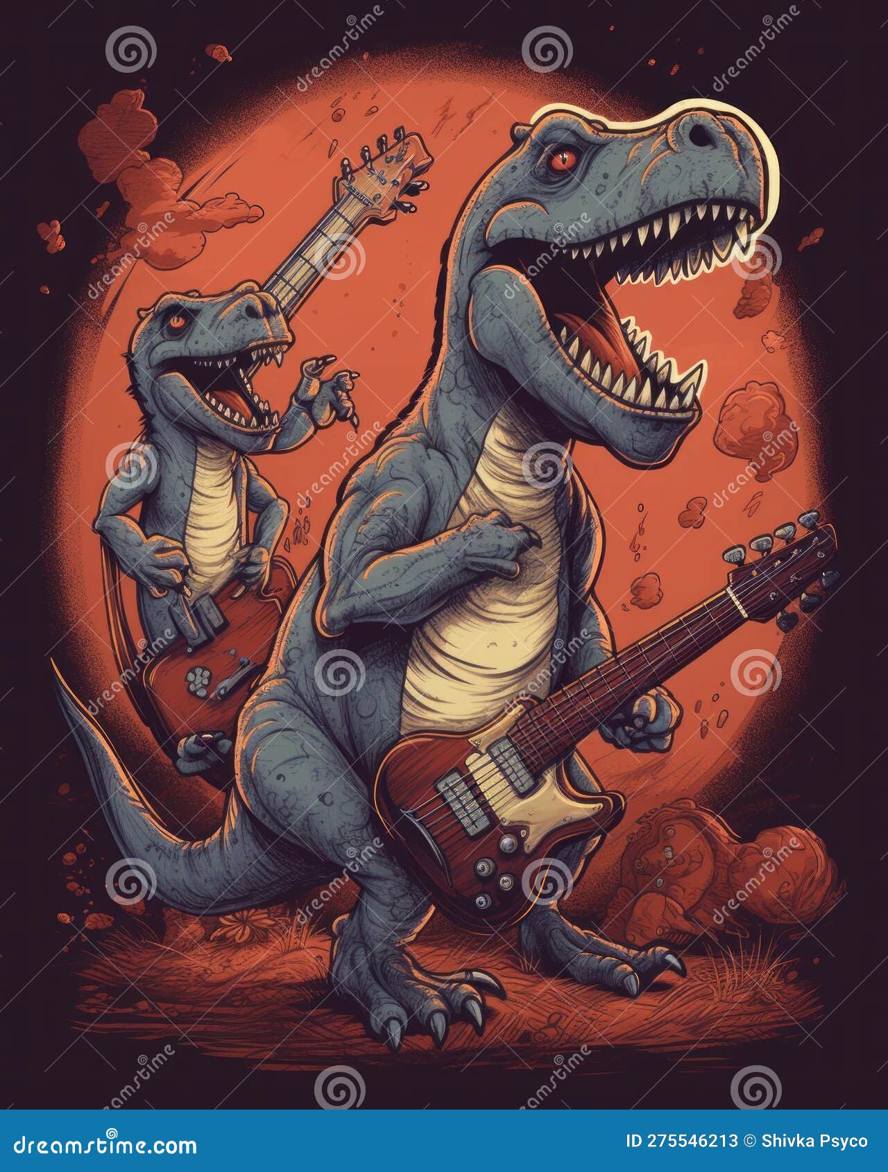 Two Designer Dinosaur Playing Guitar Generative AI Stock Illustration ...