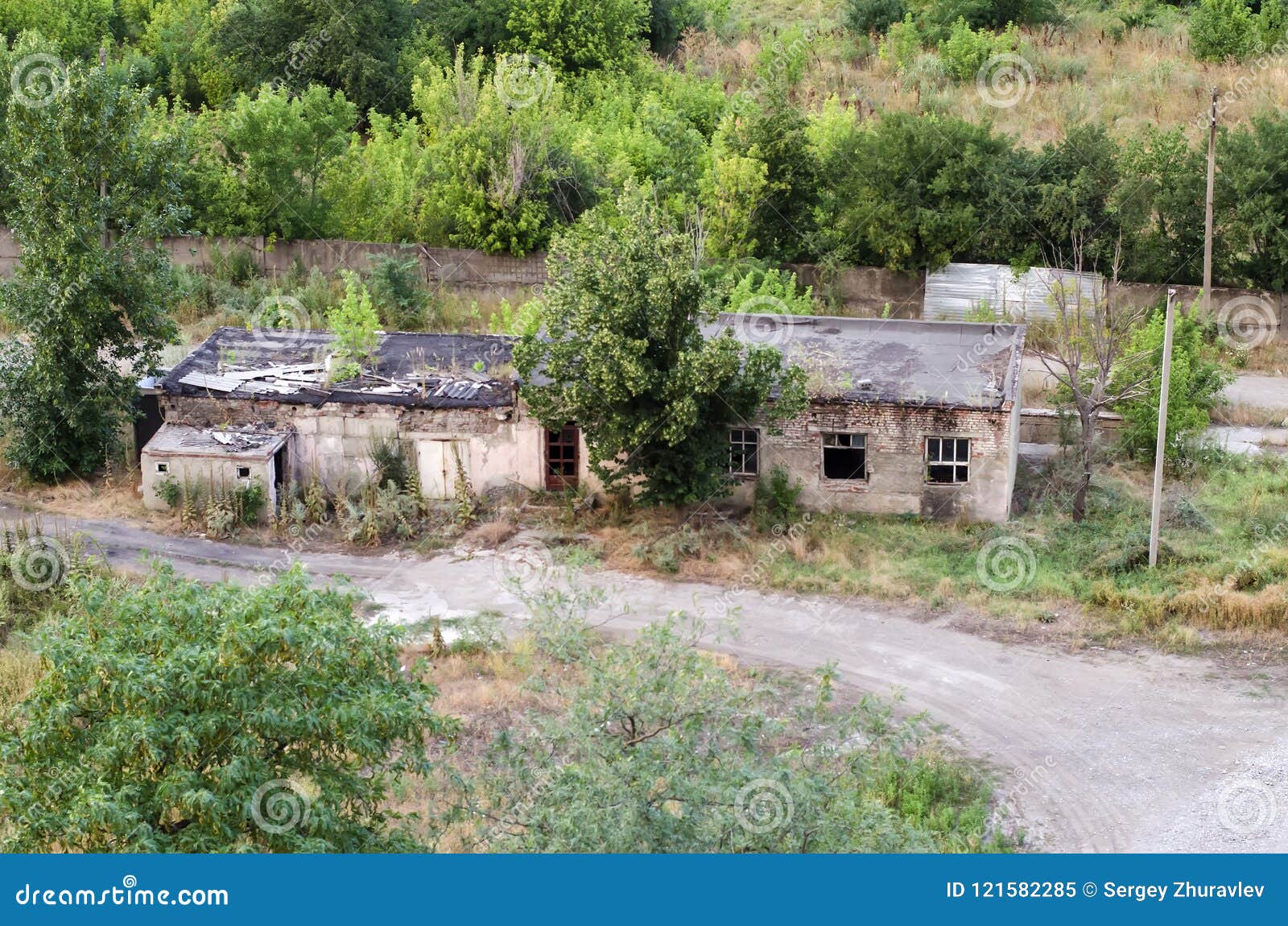 Two Destroyed Buildings among Trees. Stock Image - Image of ruin ...