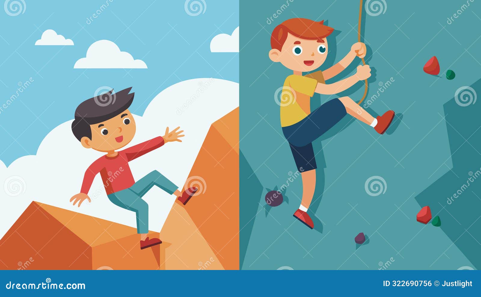 Two Determined Boys Climbing a Tall Rock Wall with Determination ...