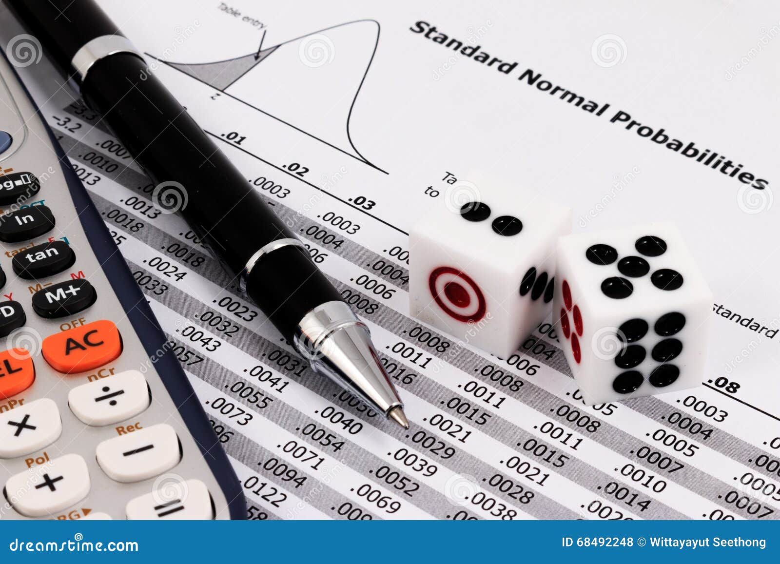 Two Dice, Calculator and Pen on Standard Normal Probabilities Table ...