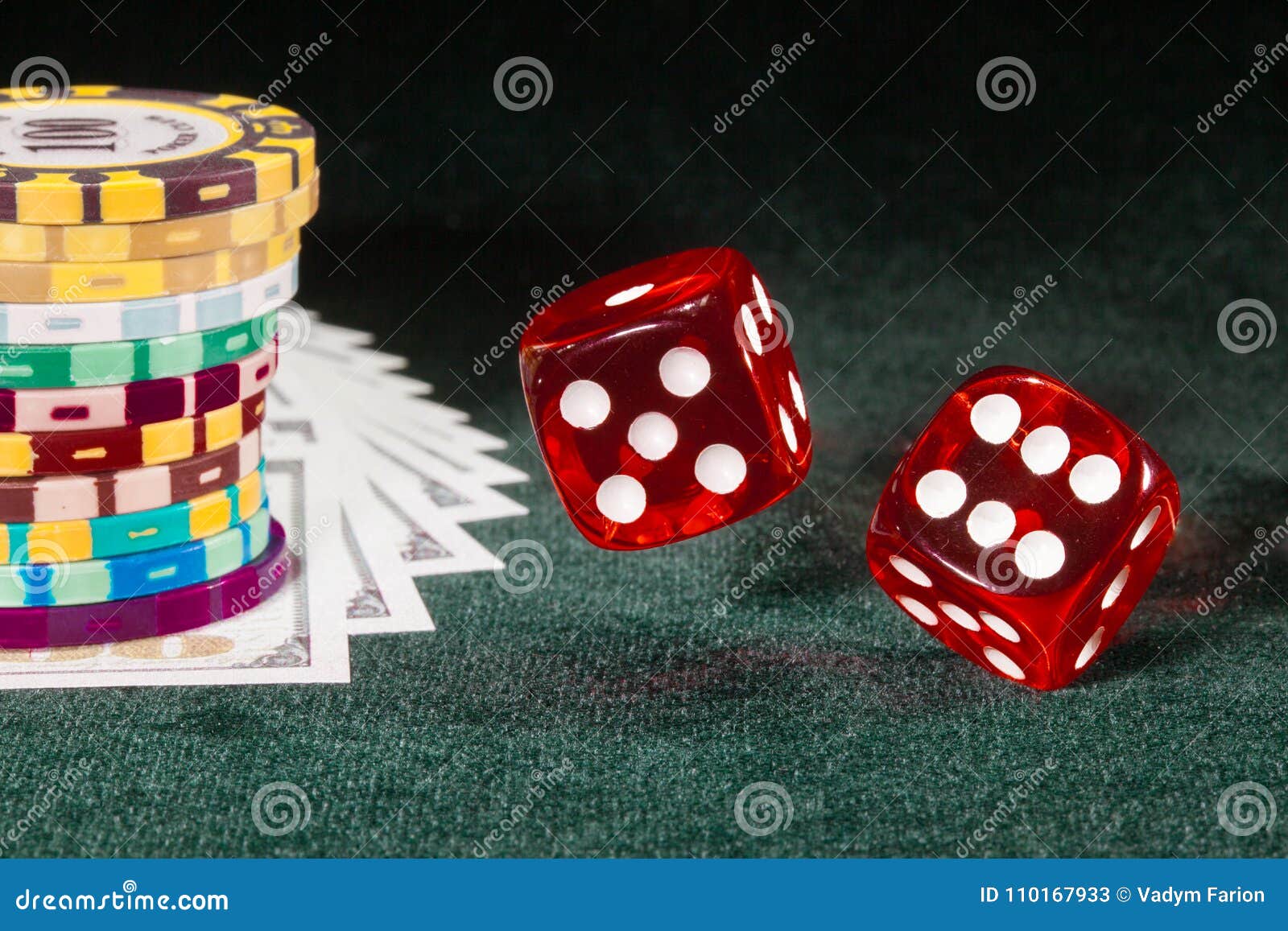 Two Dice are Spinning Over the Table Cloth Stock Image - Image of ...