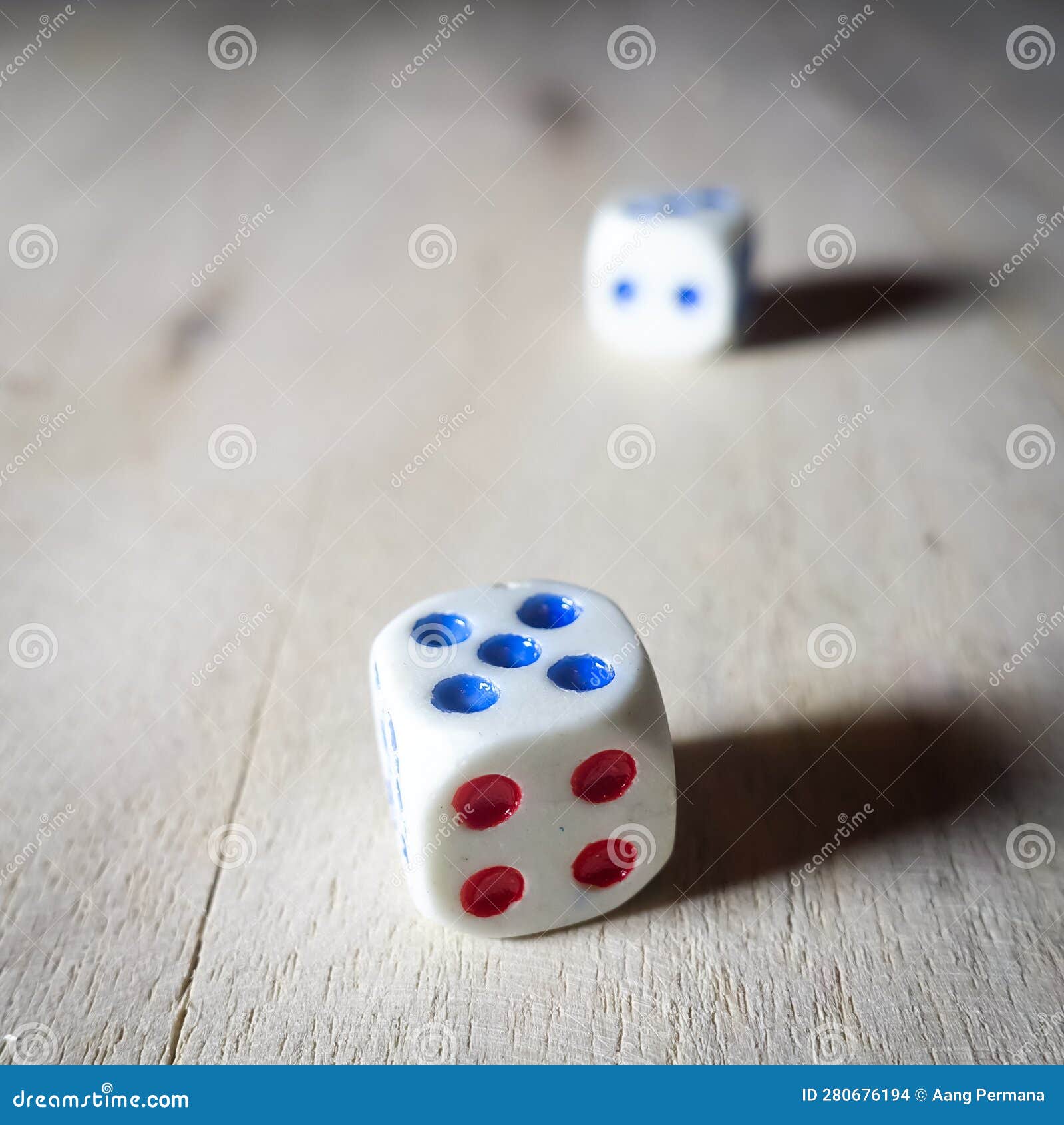 Two dice on wooden table stock photo. Image of competition - 280676194