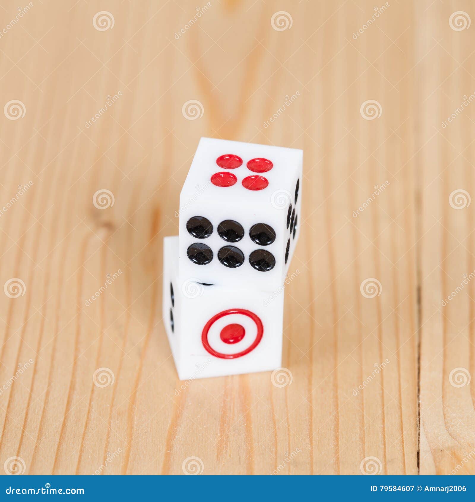 Two dice on wooden table stock image. Image of stake - 79584607