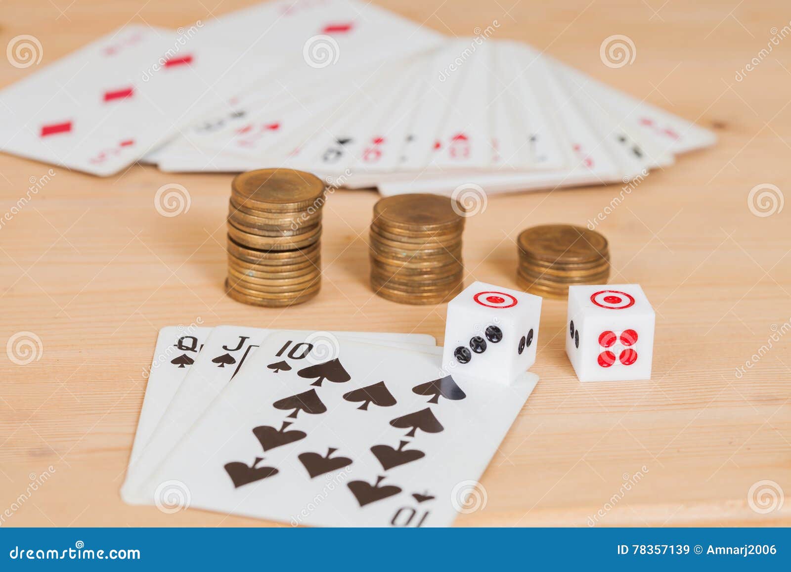 Two Dices on Wood Table with Coines and Card Stock Image - Image of ...