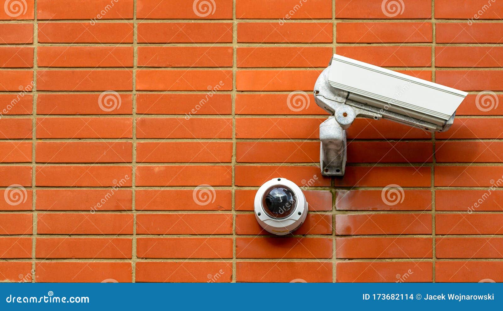 Two Different CCTV Cameras on a Red Brick Wall Stock Photo - Image of ...