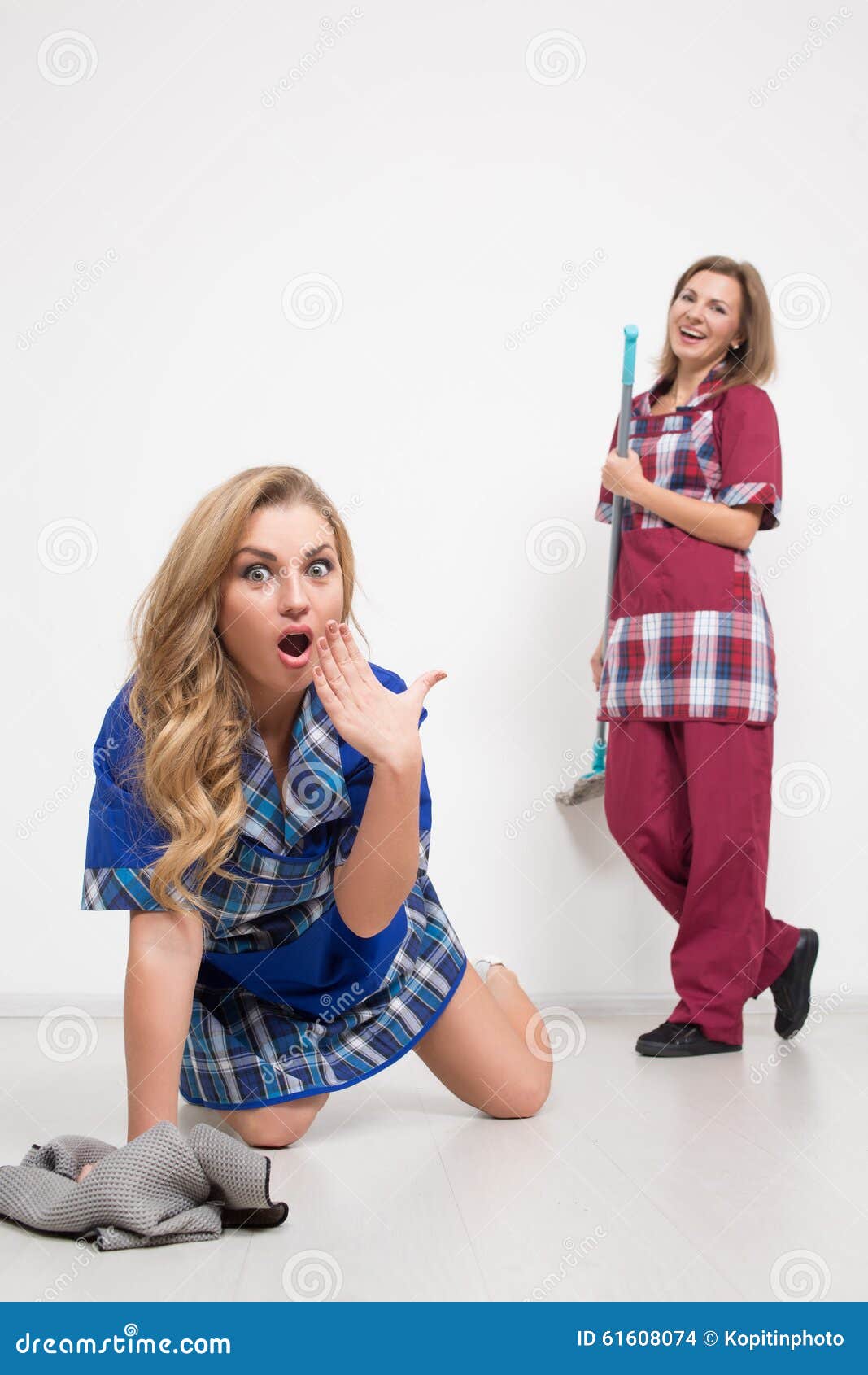 Two Different Cleaners Compete. Poor Staff Stock Photo - Image of girl ...