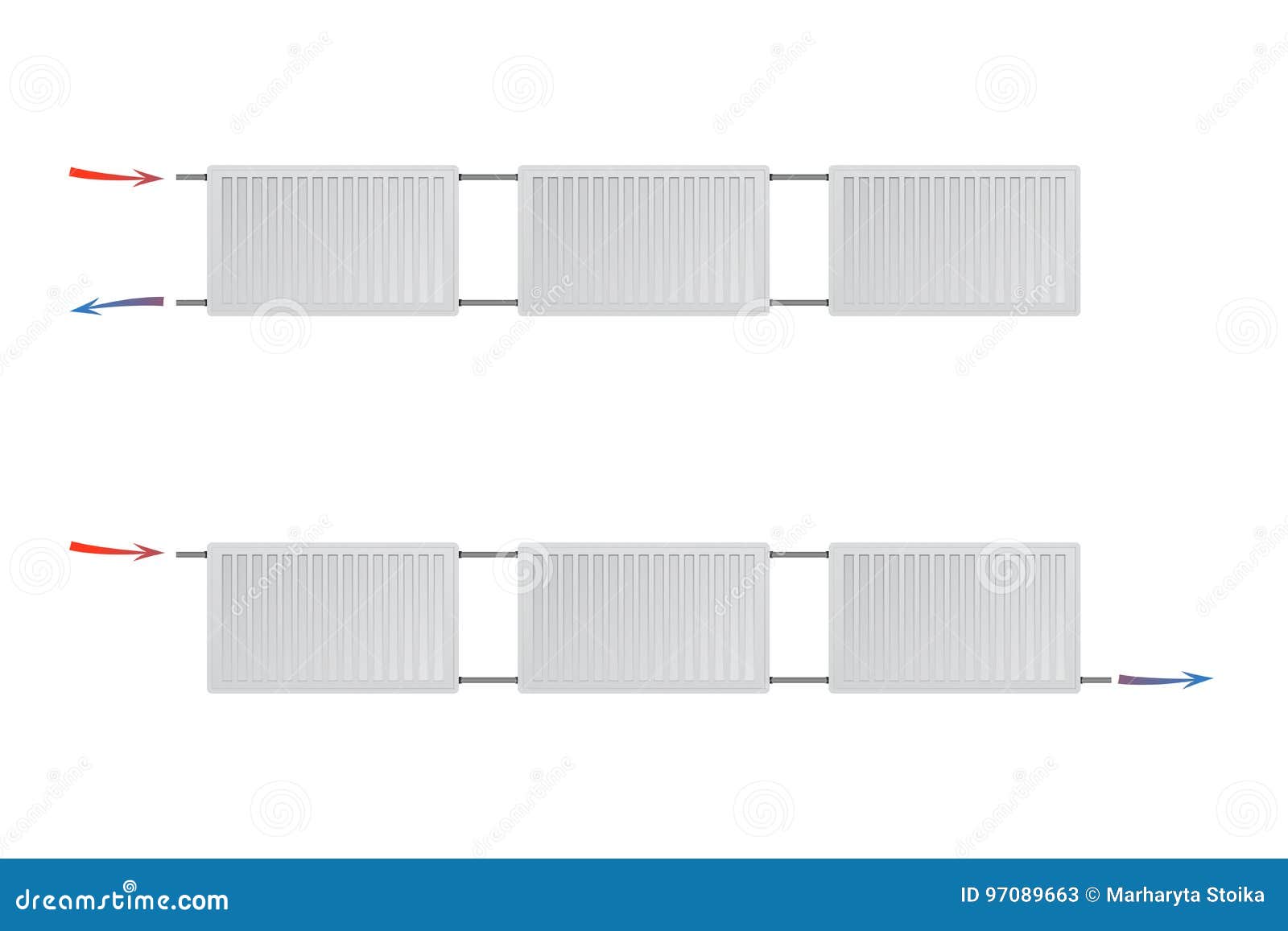 Two Different Heating Systems with Steel Panel Radiators on a White ...