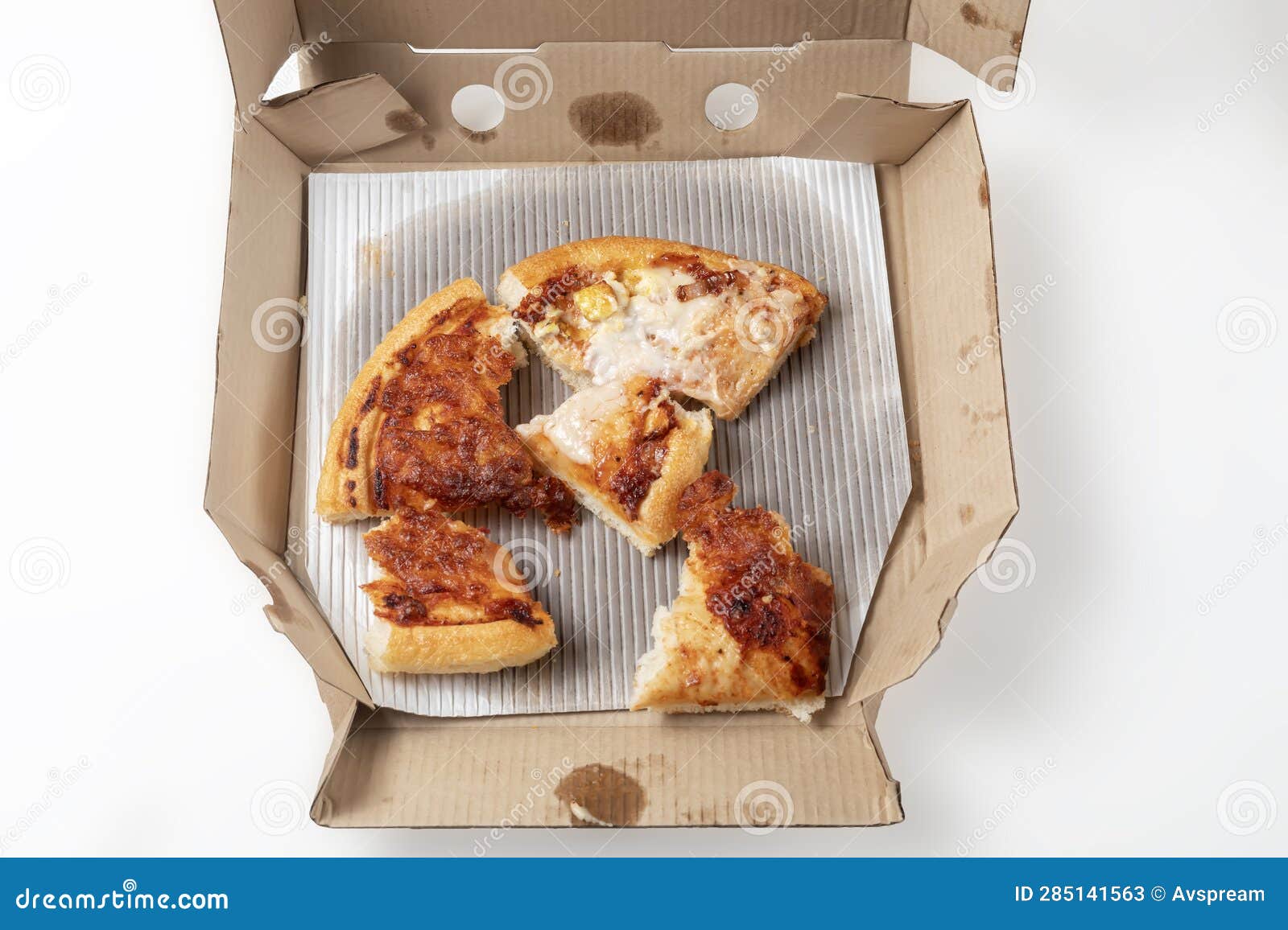 Two Different Leftover Pizza in Open Cardboard Box Isolated on White ...