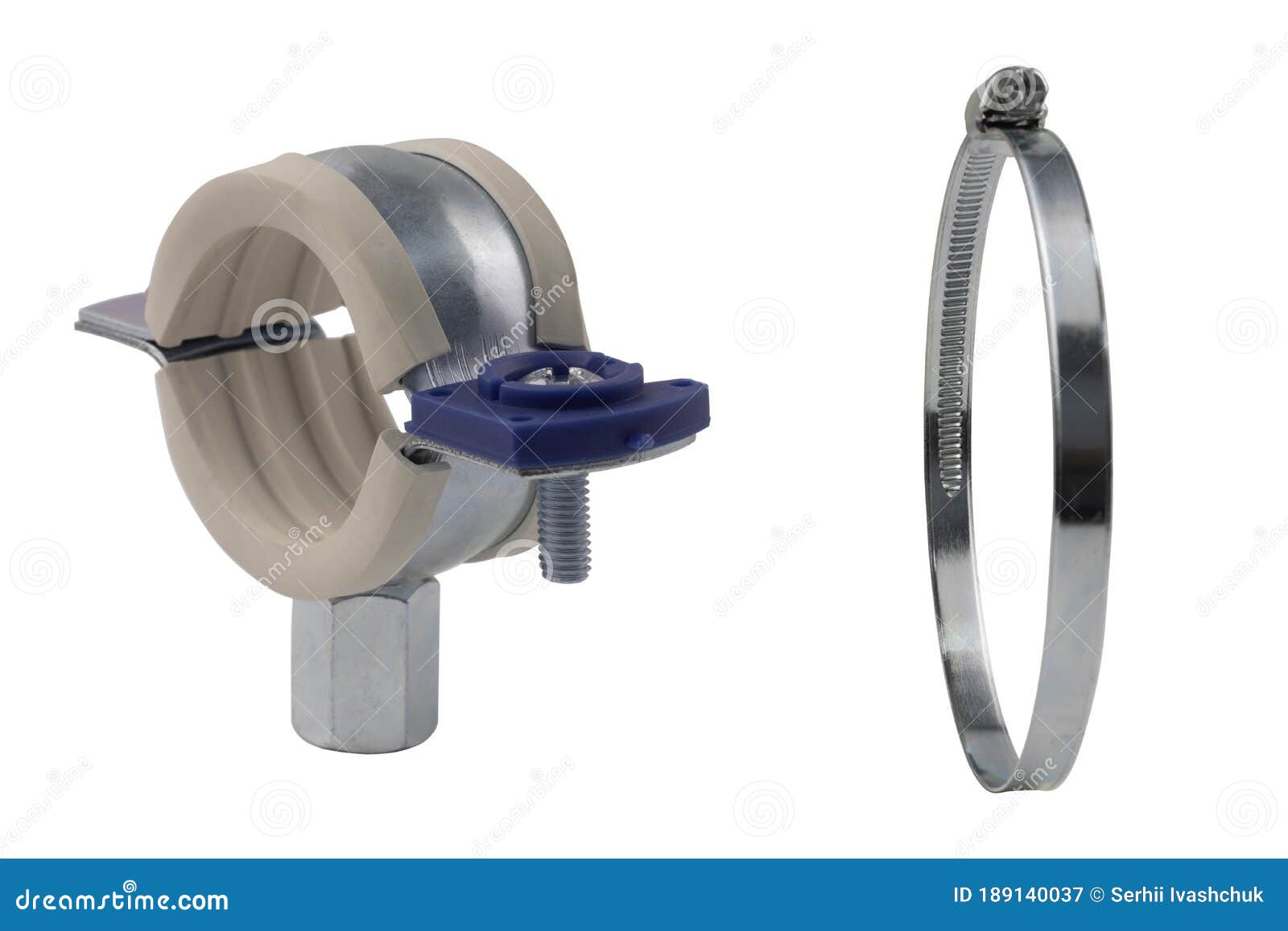 Two different pipe clamps. stock image. Image of rubber - 189140037