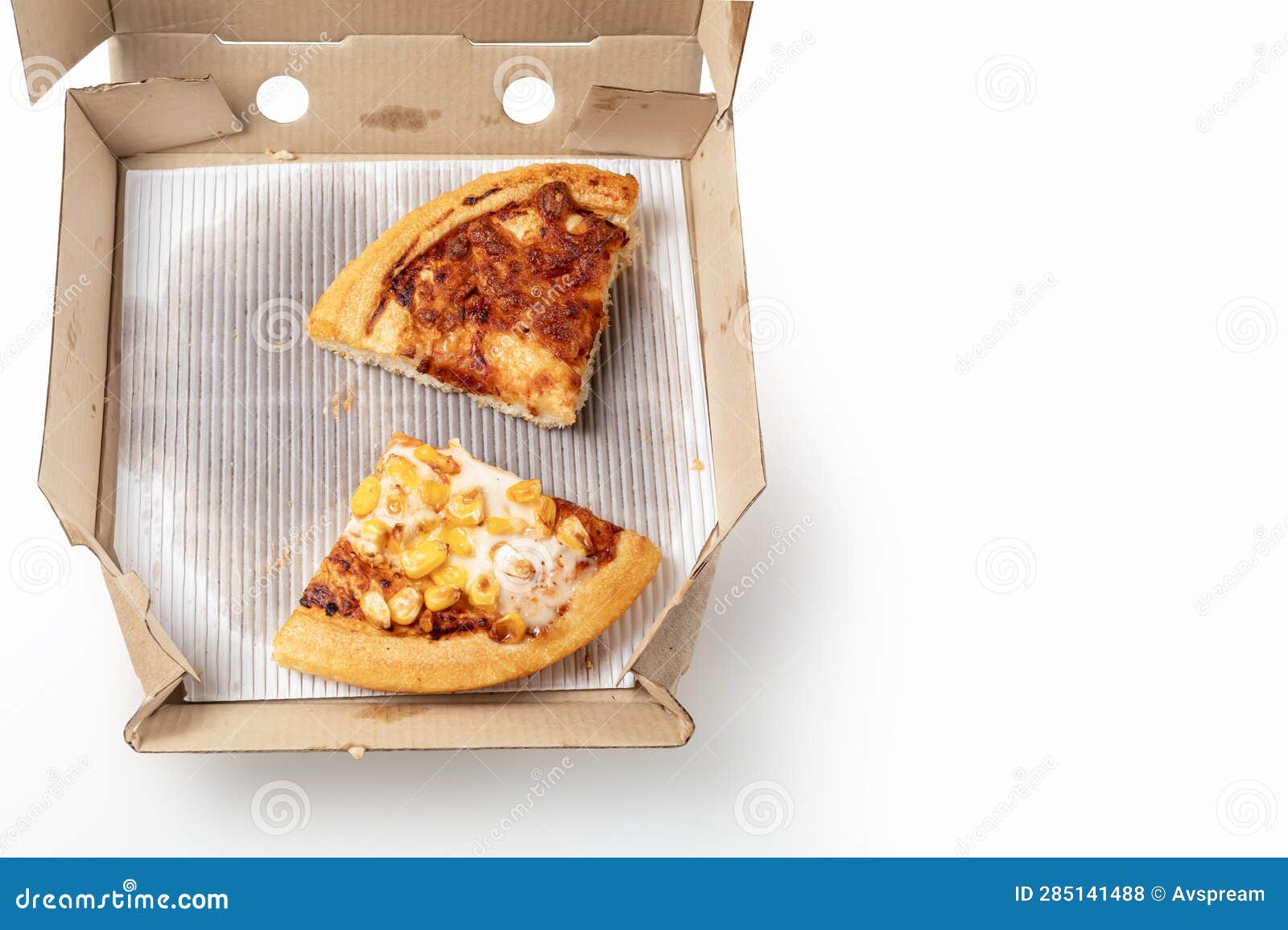 Two Different Pizza Slices in a Cardboard Box on White Background. Top ...