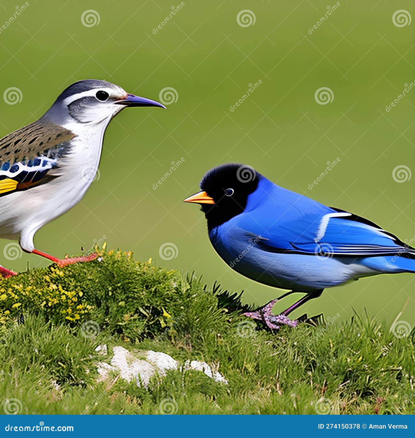 Two Different Species of Birds Walk on the Ground among the Grass with ...