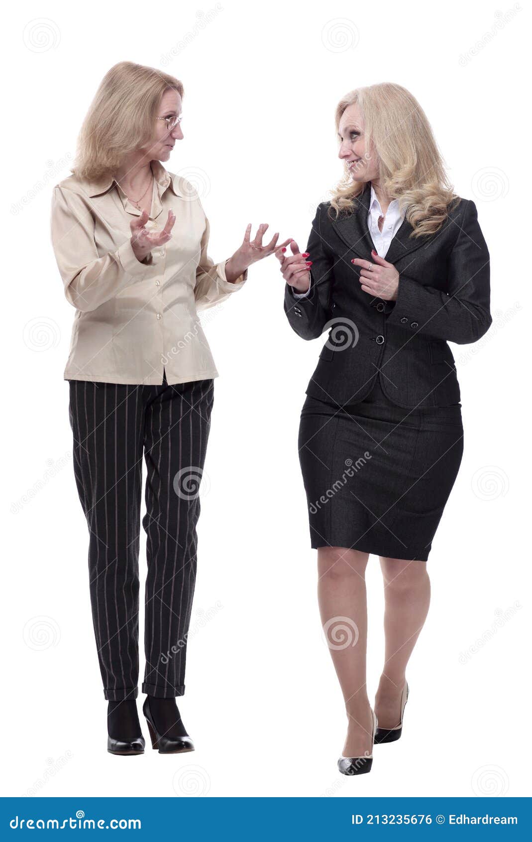 Two Different Women Talking on the Move. Isolated on a White Stock ...