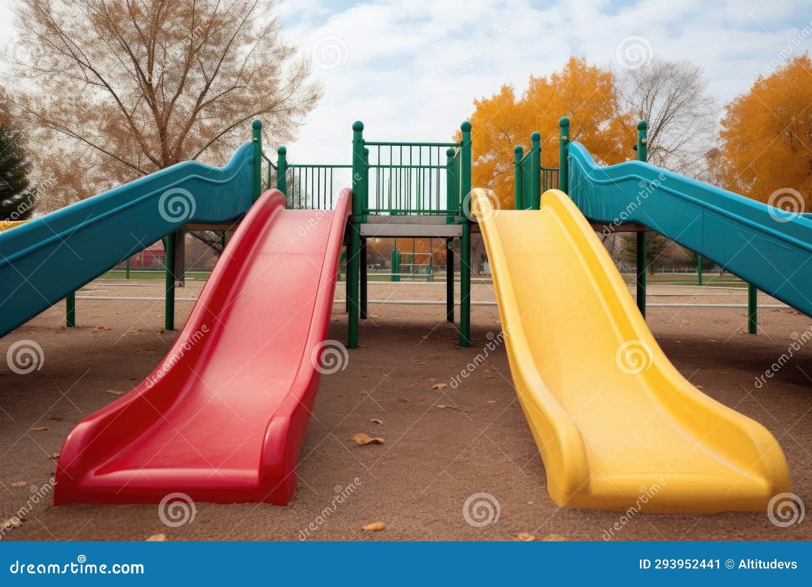 Two Differently Colored Playground Slides Leading in Opposite ...